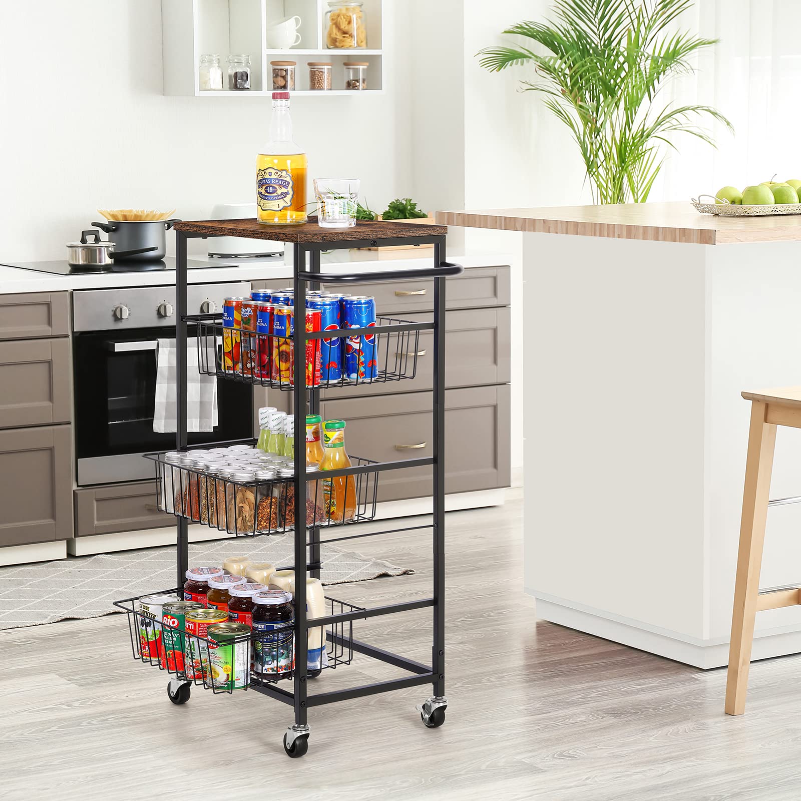 Kitchen Carts on Wheels, Rolling Storage Carts 4 Tier, Utility Service Cart Fruit Storage Baskets Rack for Potato Snack Industrial Island Food Trolley with Handle for Kitchen Bathroom Laundry