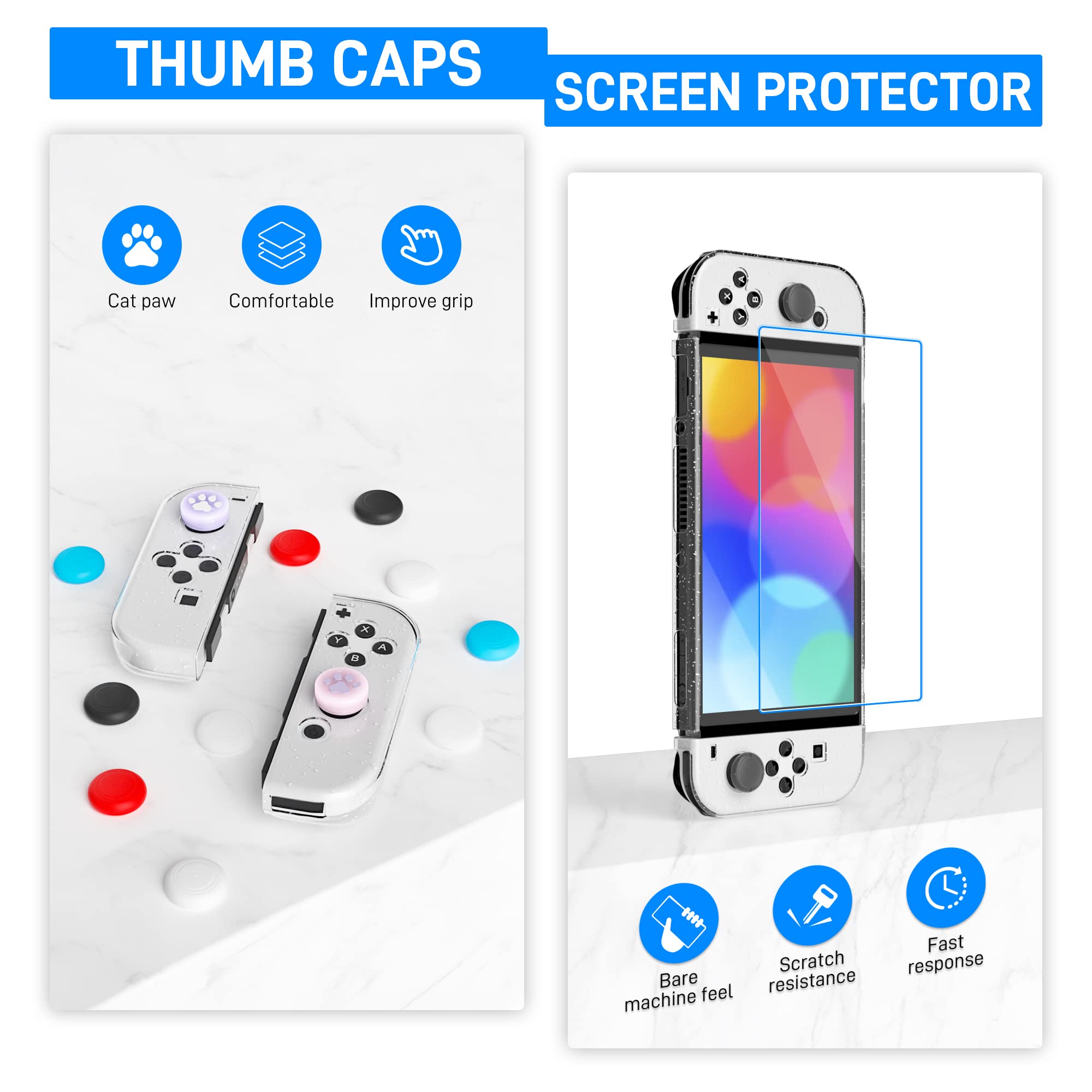 RHOTALL Glitter Protective Case Kit Compatible with Nintendo Switch OLED, Dockable Hard Shell for Switch OLED Console, Soft Cover for Joycon Controller, Case Set with Screen Protector, 12 Thumb Caps