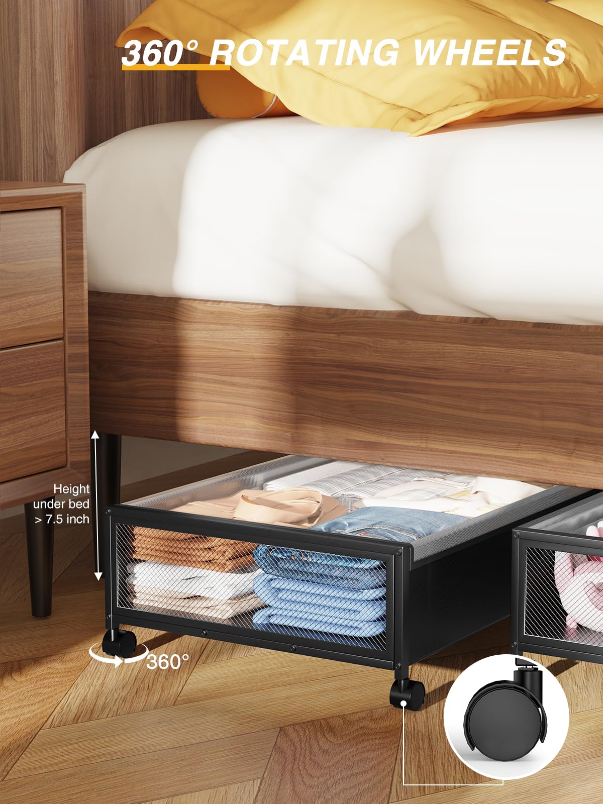 LEHOM Under Bed Storage with Wheels, Plastic Underbed Bins with Sturdy Metal Tubes Rolling Under Bed Drawer Storage Container with Window and Handle for Bedding, Clothes, Blanket, Shoes (2 Pack metal)