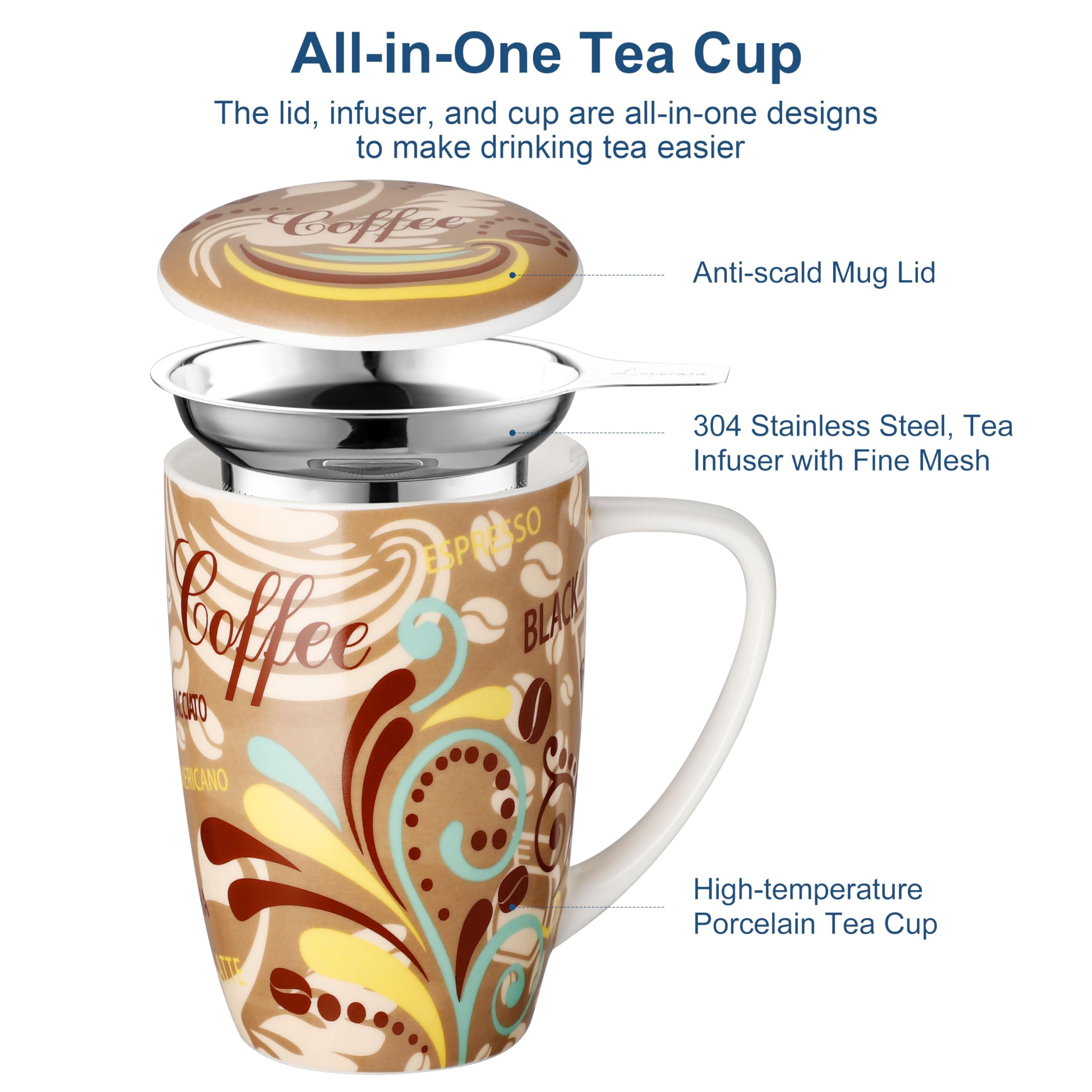 LOVECASA 16 OZ Tea Mug with Infuser and Lid, Tea Infuser Mug with Handle Ceramic Mug with Filter for Tea, Milk, Coffee, Loose Leaf Tea Infusers, Black