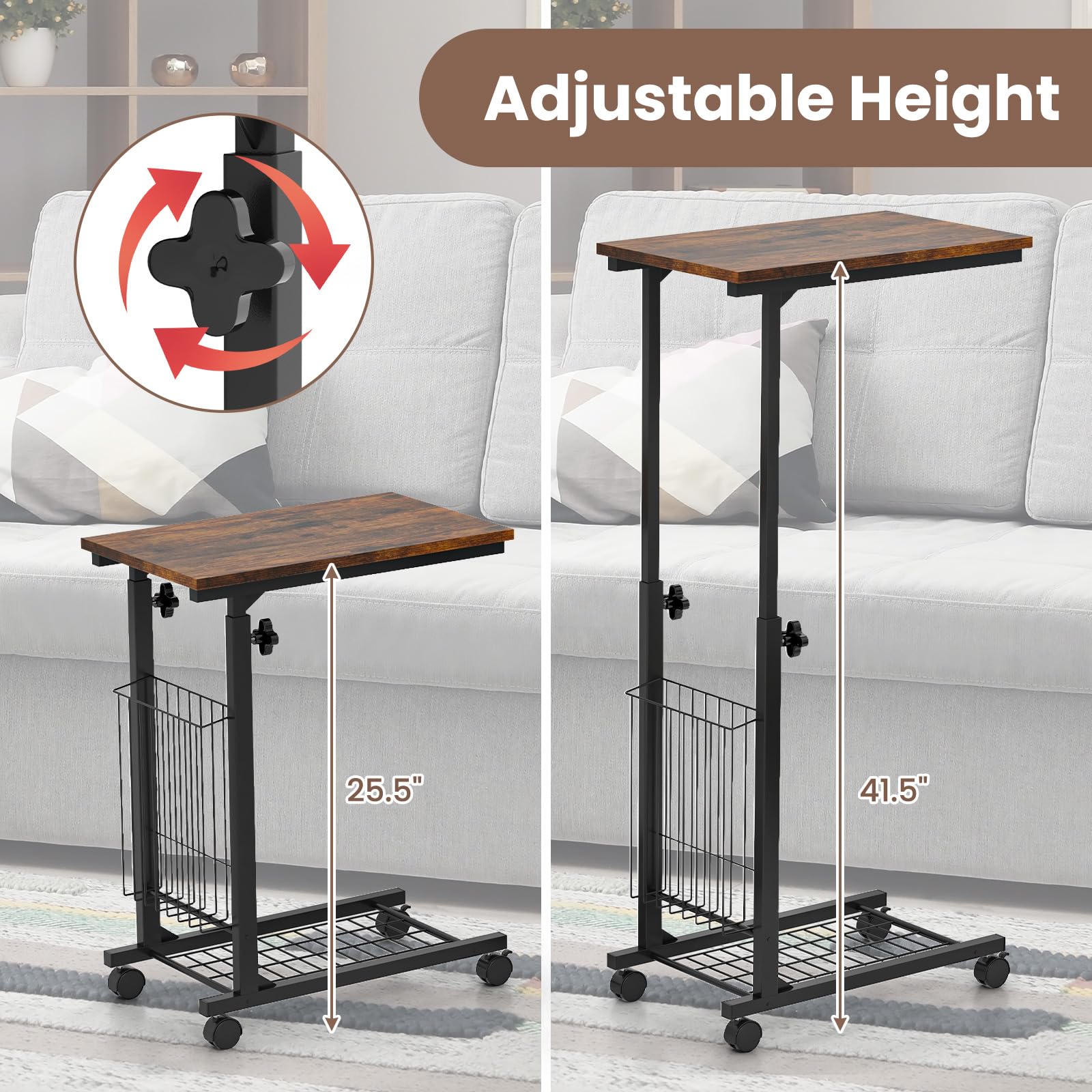 Tangkula Rolling Height Adjustable C Table, Mobile End Table with Detachable Wheels, Side Basket and Bottom Mesh Storage, Space-Saving Slide Under Sofa Table for Living Room Bedroom