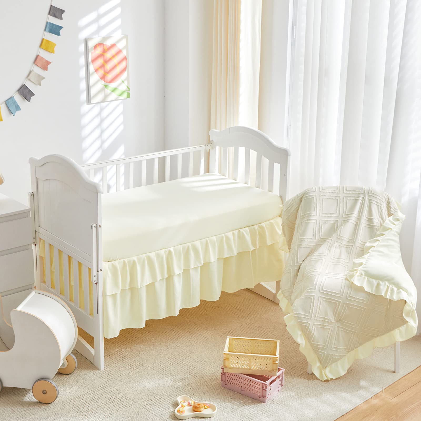 Tufted Ruffle Crib Bedding Set 3 Pieces Baby Boho Quilted Comforter with Fitted Sheet and Bed Skirt - Cute Ruffled Shabby Chic Baby Bedding Soft Blanket Design Cream White with Yellow