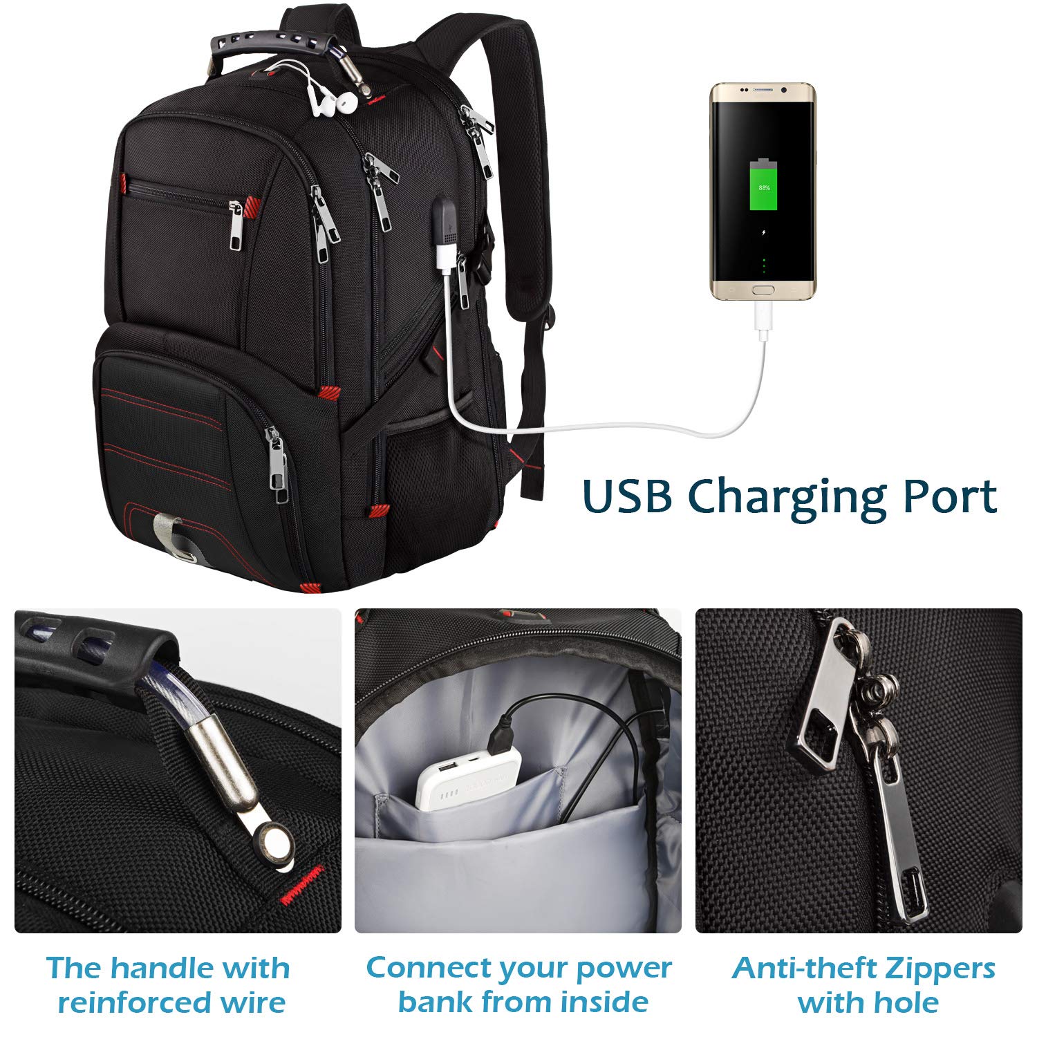Jiefeike Travel Backpack for Men,Extra Large Capacity for College,45L TSA Friendly Computer Backpack with USB Charging Port RFID Headphone Hole Fit 17.3 Inch Laptop&Notebook
