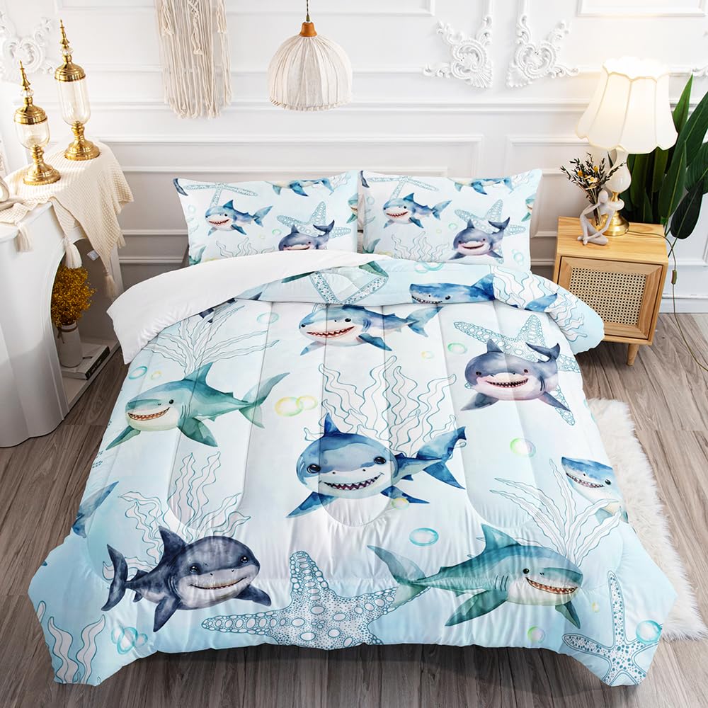 XYNHML Boys Blue Ocean Shark Comforter Set Twin Size Shark Starfish Bedding Sets Seaweed Quilt Bed Set for Kid Girls with 1 Comforter and 2 Pillowcases