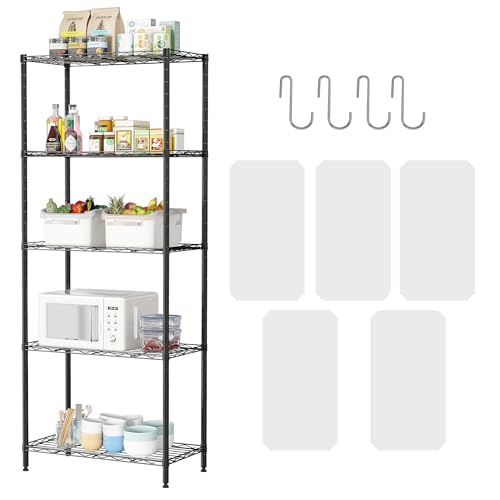 JEROAL 5 Tier Wire Shelving Unit Adjustable Height Storage Shelf Display Rack with 4 S-Shaped Hooks Standing H eavy Duty Metal Shelving for Laundry Bathroom Kitchen (Black)