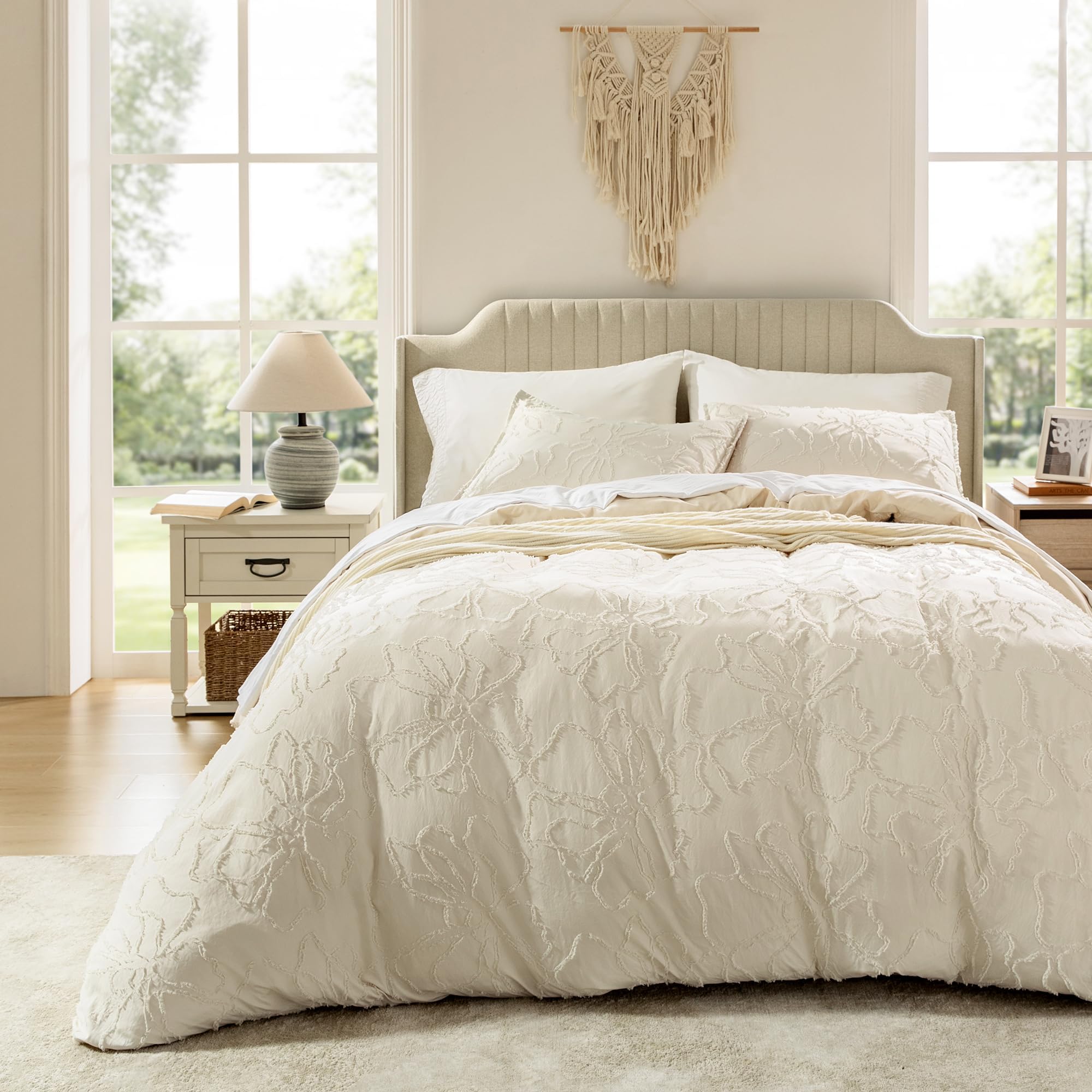 TINA'S HOME Duvet Cover Full Size - Tufted Boho Duvet Cover Set for All Season, 2PCS- 1 Beige Washed Microfiber Duvet Cover with Zipper and 2 Pillow Shams, Farmhouse Bedding Comforter Cover Set