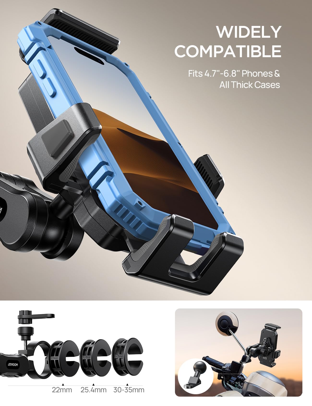 JOYROOM Aluminum Alloy Motorcycle Phone Mount with Vibration Dampener, Motorcycle Phone Holder for Motorcycle Harley Bike Bicycle Scooter ATV/UTV, Compatible with iPhone, Samsung, All Cell Phones