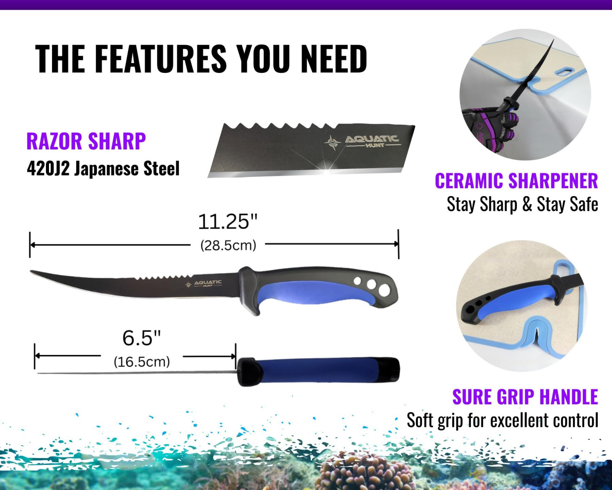 Pro 3-in-1 Set: 6.5β Fish Fillet/Boning Knife - 12β Non-slip Cutting Board - Ceramic Knife Sharpener