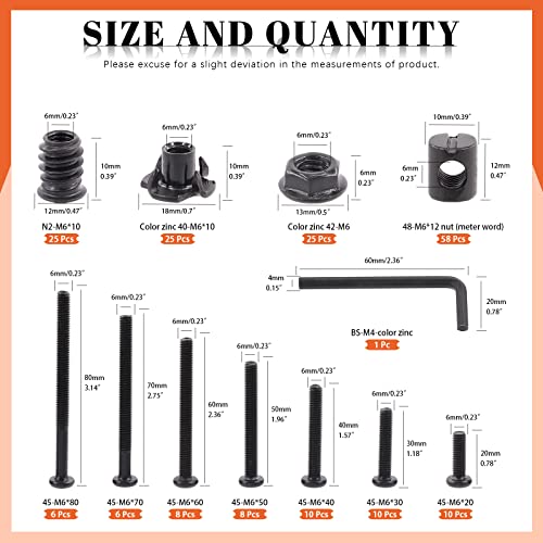 Tanstic 192Pcs Black Crib Hardware Screws Kit, Zinc Plated M6 x 20/30/40/50/60/70/80mm Hex Socket Head Screws Bolt and Barrel Nuts, 4 Prong T-Nuts, Flange Nuts, Threaded Insert Nuts with Allen Wrench