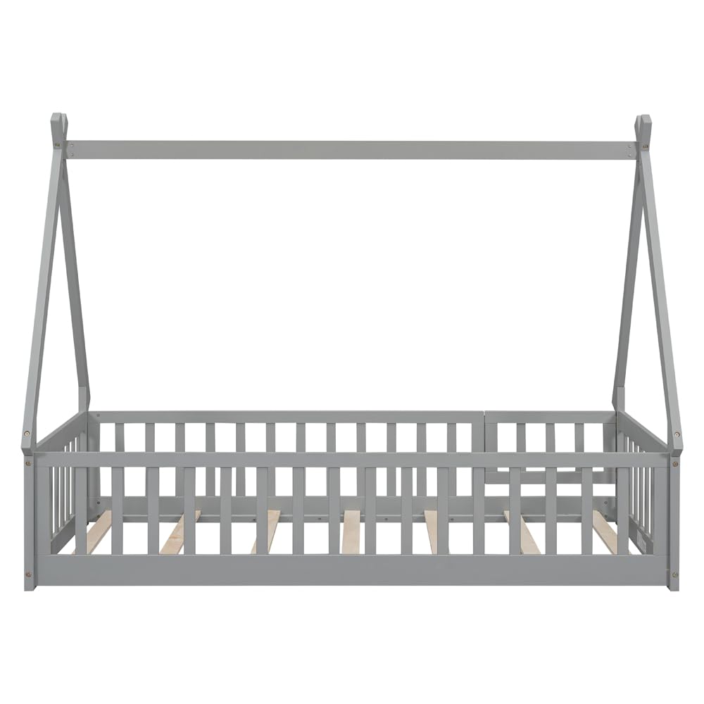 TURRIDU Twin Tent-Shaped Solid Wood Bed with Door & Guardrails,Montessori Floor Bed Frame with Wood Slat Support, Grey Teepee Bed for Toddlers Boys Girls, No Box Spring Needed