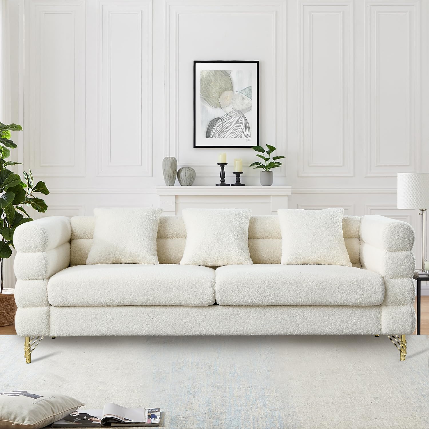 KATBOC Sofa Oversized 3 Seater Sofa 81-inch Modern Living Room Sofa Couch Teddy Fabric Upholstered Sofa Deep Seat Couch with 3 Pillows for Living Room Bedroom (White)