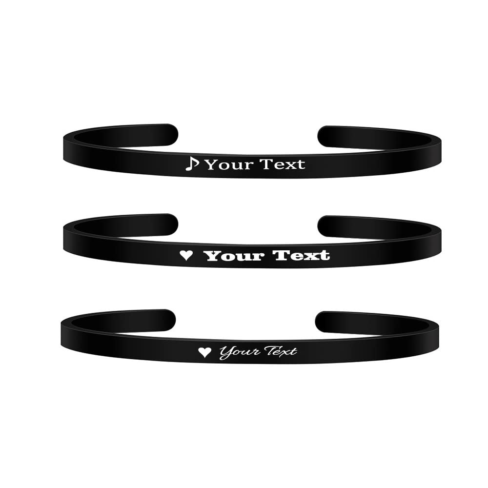 Personalized Bracelets for Women,Motivational Mantra Quote Stainless Steel Engraved Best Friend Sister Gift Double Side Engraved Black 3 pack