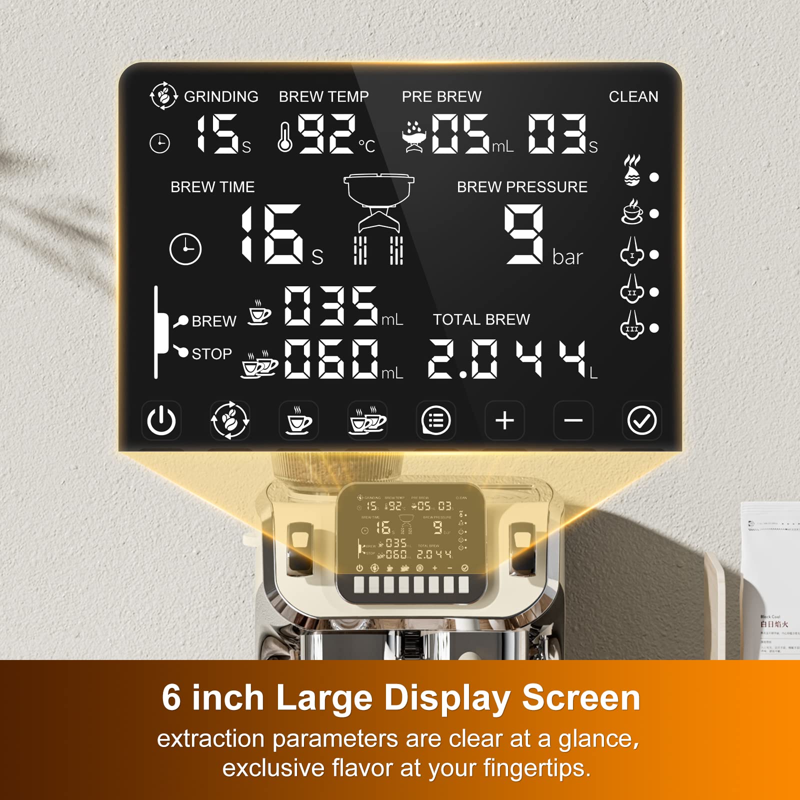 Mcilpoog TC520 Espresso Machine with Milk Frother,Semi Automatic Coffee Machine with Grinder,Easy To Use Espresso Coffee Maker with 6 inch Large Screen,15 Bar Pressure Pump,PID Temperature Control.