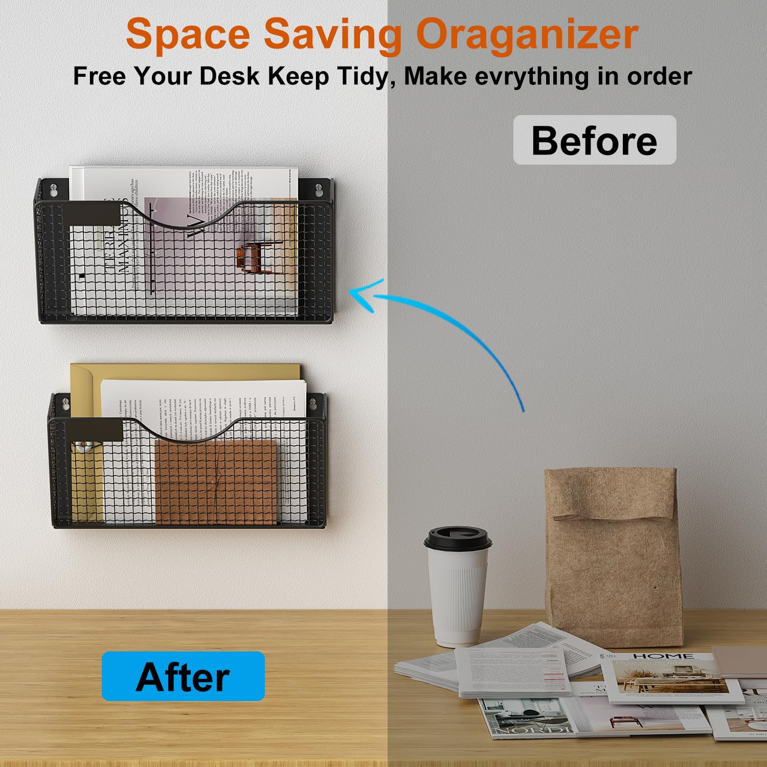 MFTEK Magnetic File Holder 2 Pockets File Folder Organizer, Office Hanging Magazine Rack for File Cabinets, White Board, No Drilling Paper Document Holder Mail Organizer for Refrigerator