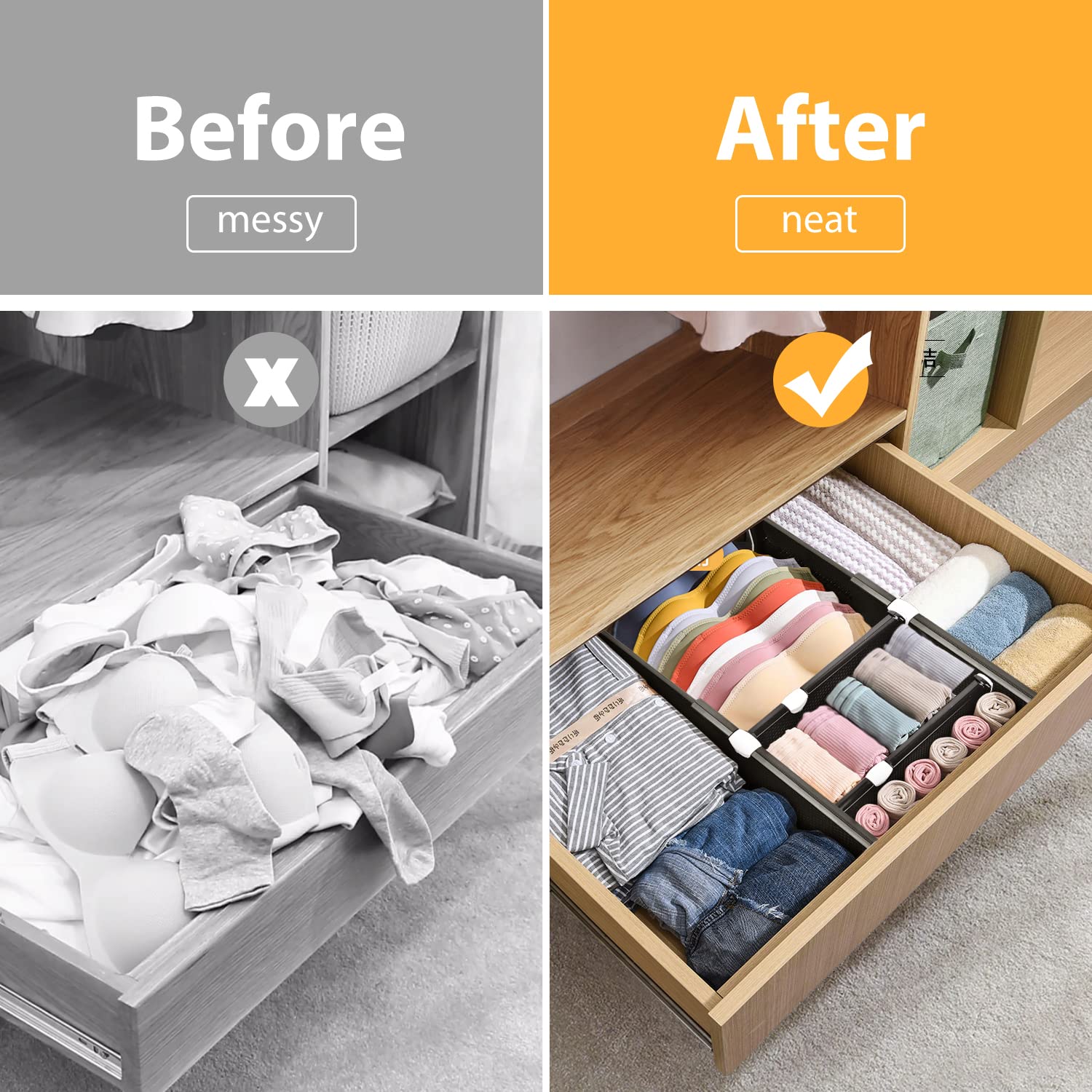 JONYJ Drawer Dividers Organizer 5 Pack, Adjustable Separators 4" High Expandable from 11-17" for Bedroom, Bathroom, Closet,Clothing, Office, Kitchen Storage, Strong Secure Hold, Foam Ends(Black)