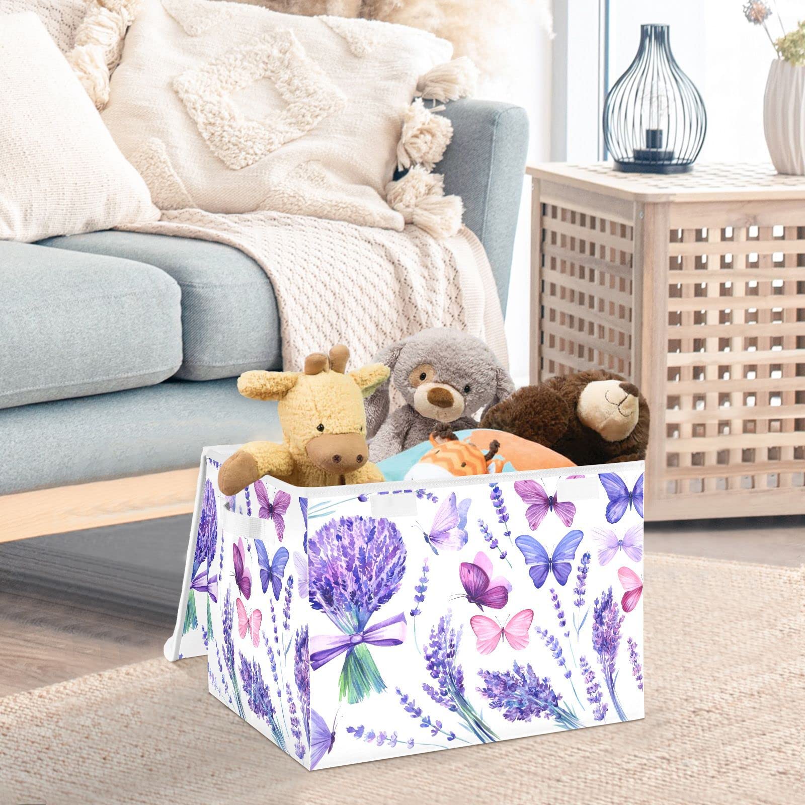 MFTJYO Storage Bin with Lid Purple Lavender Butterfly Foldable Storage Box Washable Fabric Storage Cubes Bin Organizer Basket Closet for Home Bedroom Closet Nursery Office