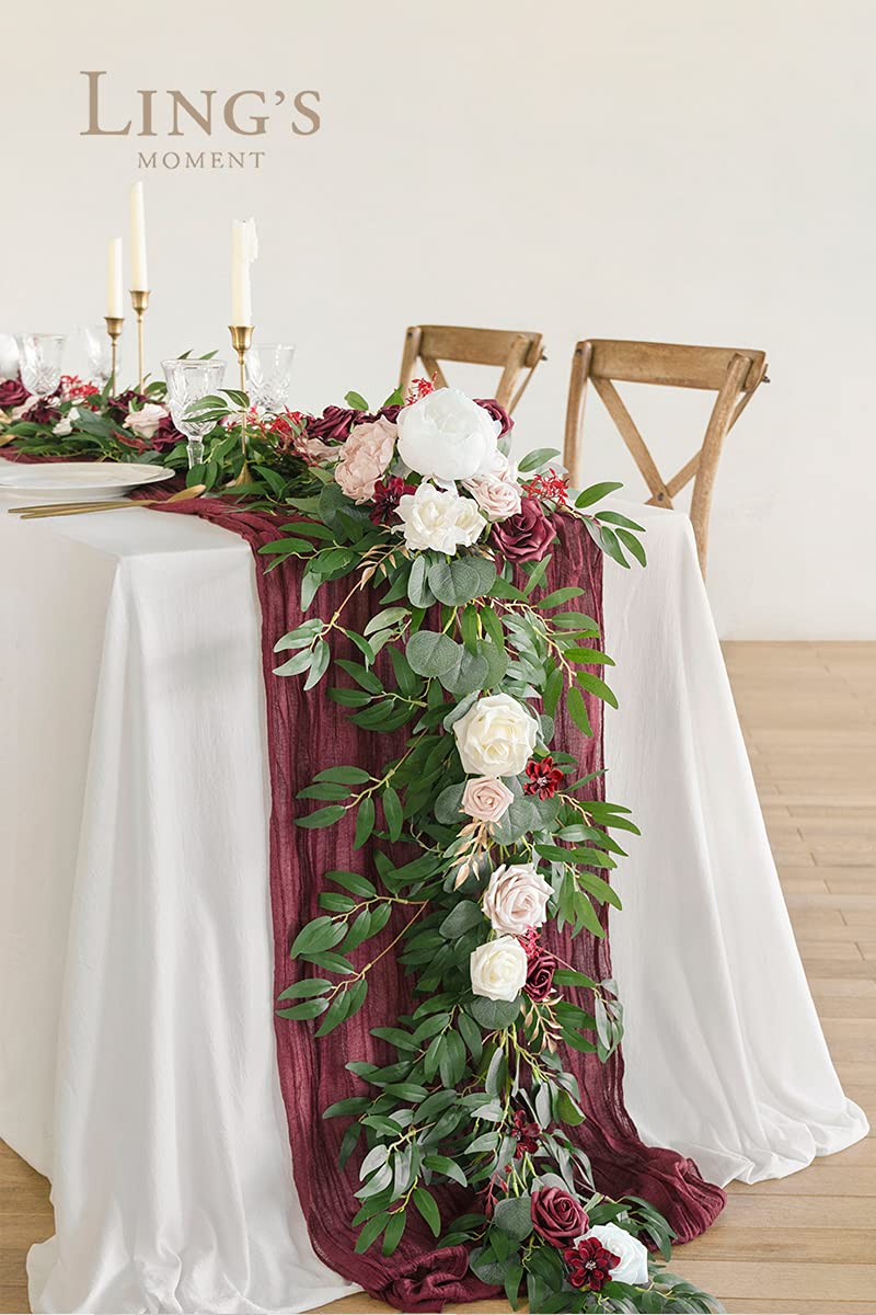 Ling's Moment Eucalyptus Garland with Flowers 6FT,Table Runner with Flowers Marsala Mantle Decor Handcrafted Wedding Centerpieces for Rehearsal Dinner Bridal Shower | Marsala