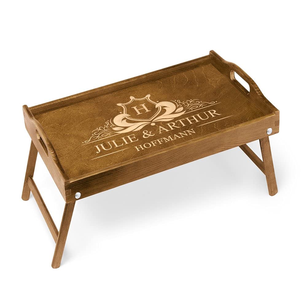 Maverton Bed Tray with Engraving for Couple - Wooden Serving Tray for Wedding - Engraved Lap Desk for Parents - Personalized Brown Serving Tray for Newlyweds - Notebook Stand - Classic