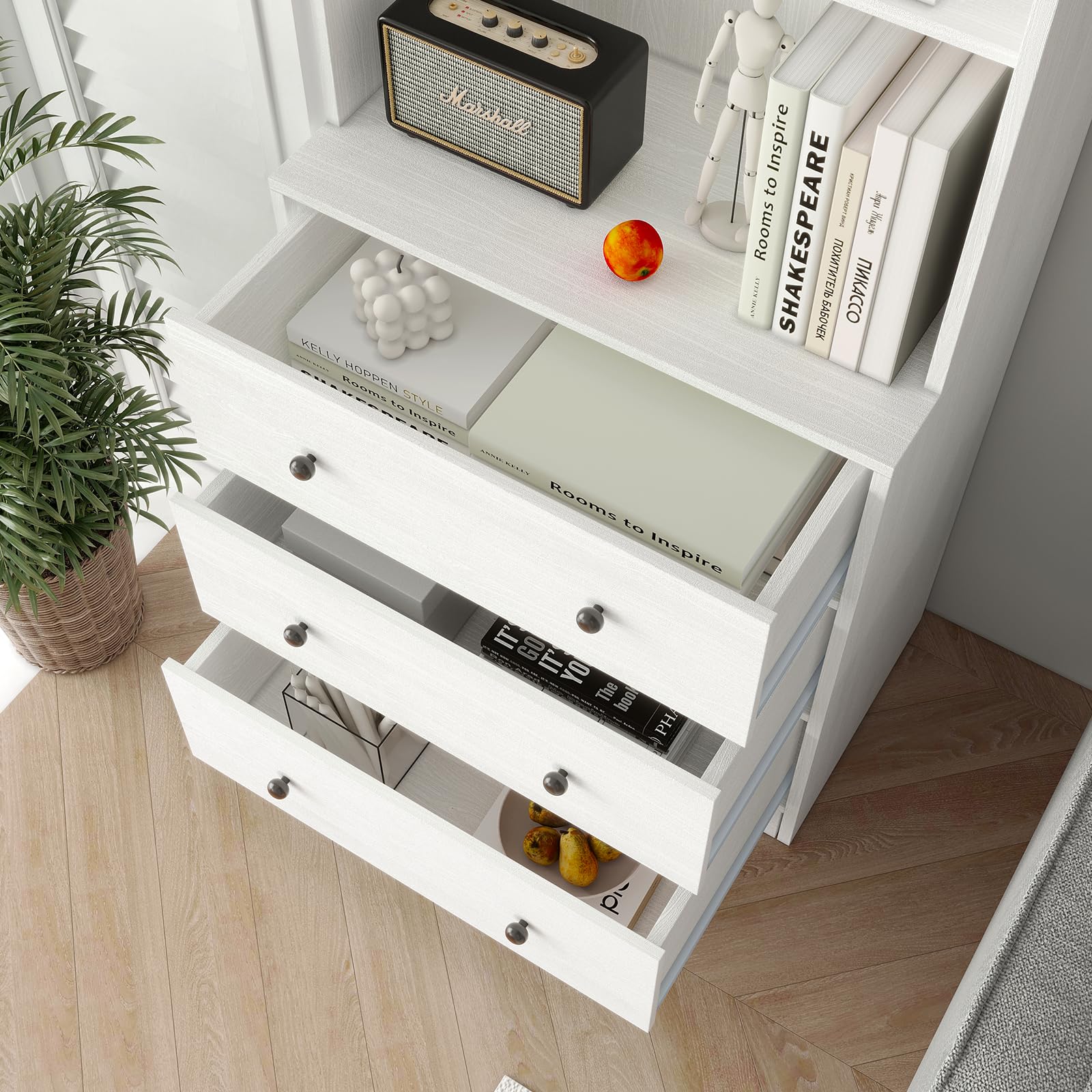TUSY 71" Bookshelf Bookcase, 3-Tier Modern Bookshelves 3 Large Drawer, Wood Filing Cabinet with Open Storage Shelf, Glass Doors 5-Tier Fixed Storage Shelves for Home Office