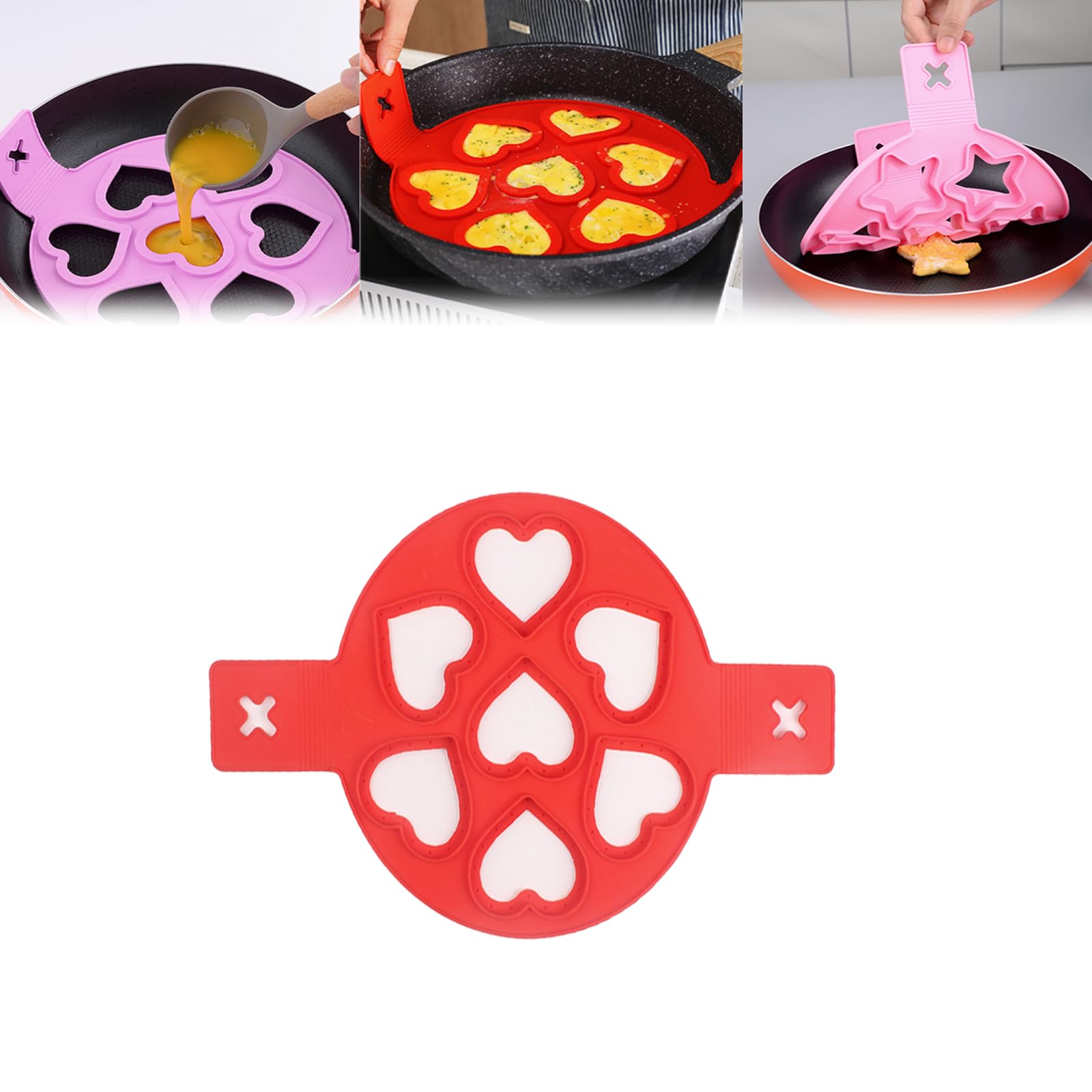 YLBUH Flip and Cook Pancake Maker, Flip Cooker Pancakes Mold, Flip N Cook Silicone Pancake Mold, Flip and Cook Silicone Pancake Maker, Silicone Pancake Molds Fried Egg Mold Reusable (Red heart shape)
