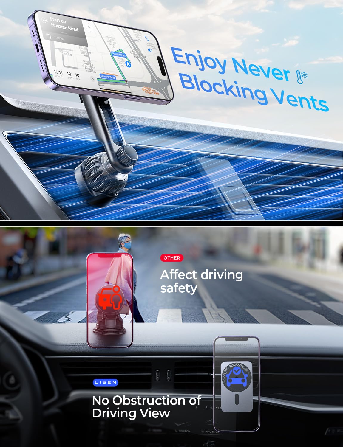 LISEN for Magsafe Car Mount Charger iPhone 15,15W Wireless Car Charger Mount,Magnetic Air Vent Car Phone Holder,with Fast Car Charger and Cable for iPhone 15/Pro/Plus/Pro Max/iPhone 14/13/12 Series