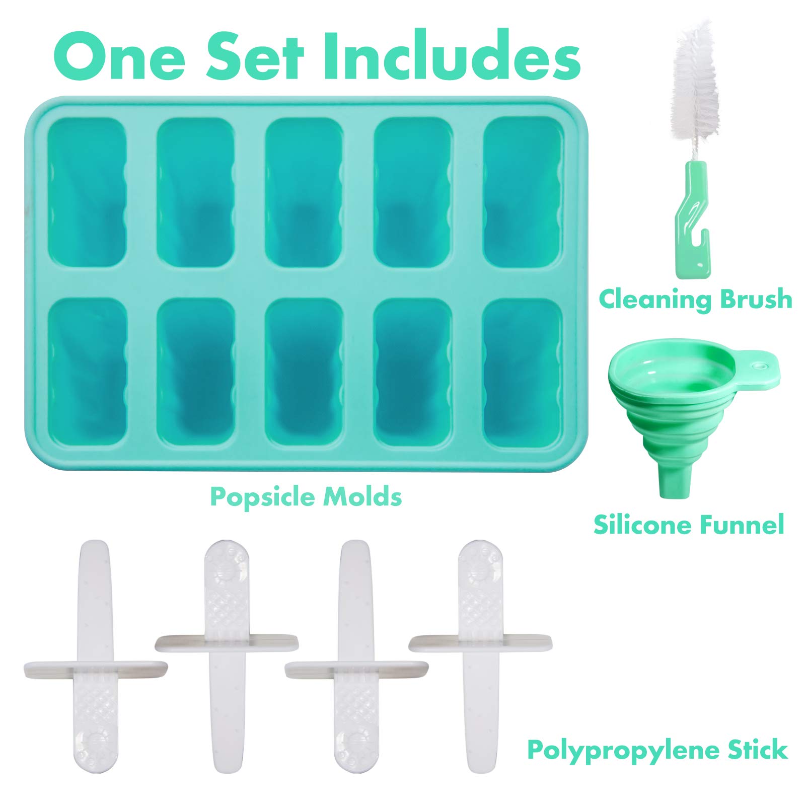 Popsicles Molds, Silicone Popsicle Mould BPA Free Ice Pop Molds Reusable 10 Cavities Popsicle Maker with Popsicle Sticks, Funnel and Cleaning Brush (Forest Green)