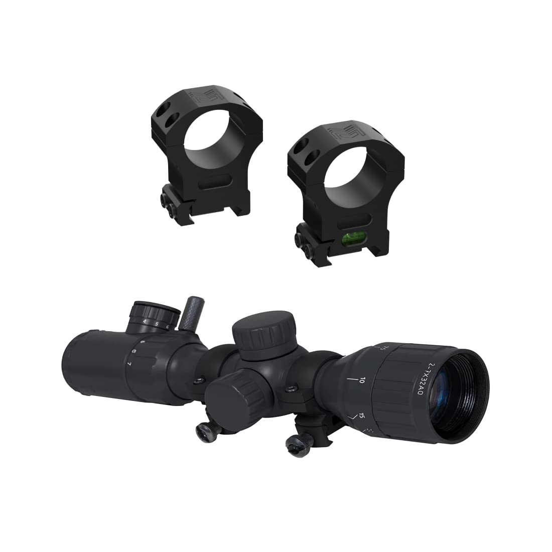 Monstrum 2-7x32 AO Rifle Scope | Monstrum Picatinny Scope Rings with Integrated Level Bubble | Bundle