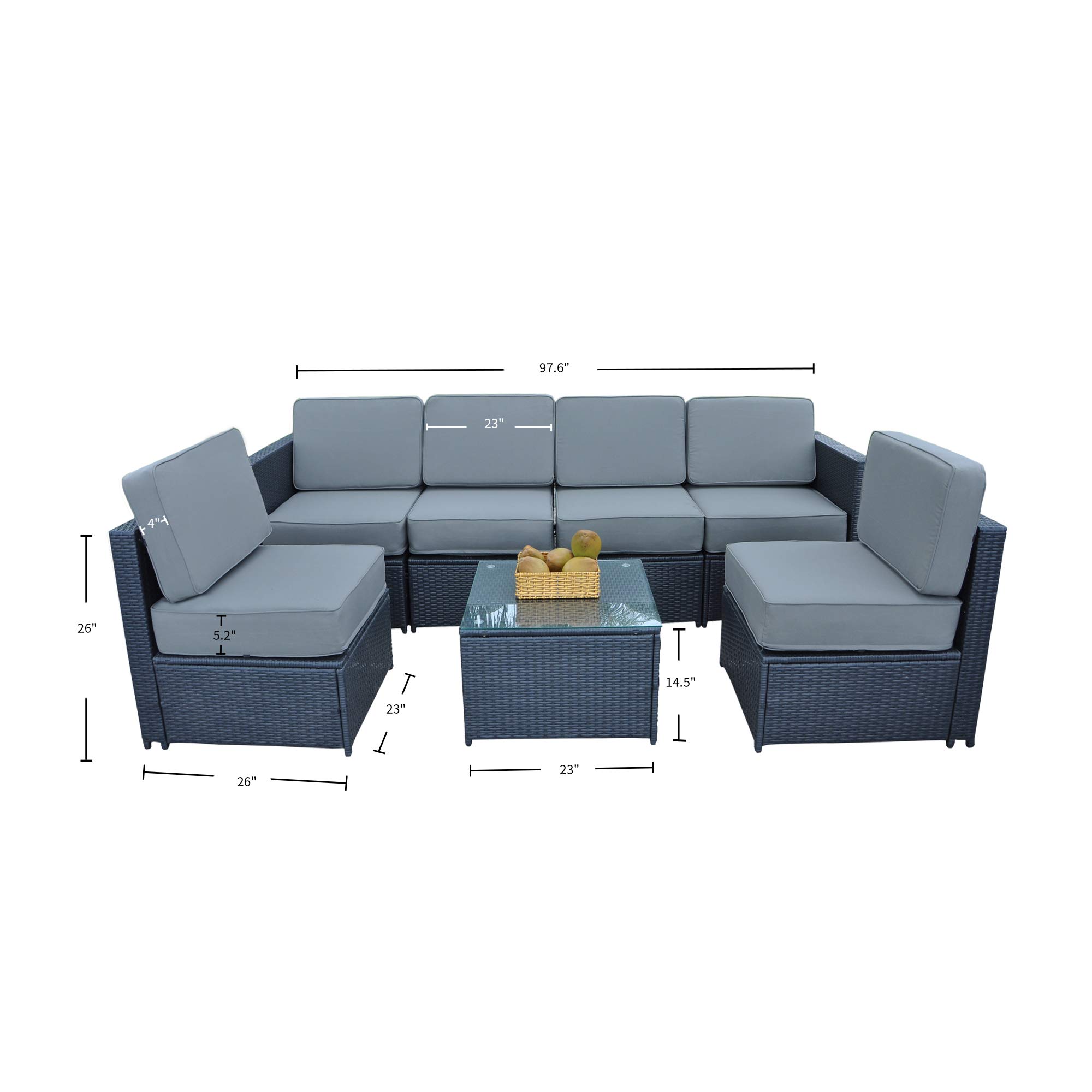 MCombo Patio Furniture Sectional 7 Pieces Wicker Sofa Set Outdoor Seating Couch Black Rattan Conversation Chair with Tea Coffee Table and Cushions Clips 6085 (Grey)