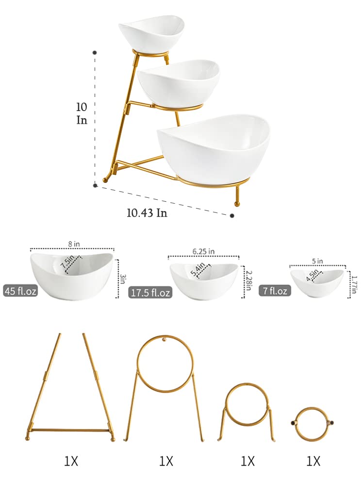 LYEOBOH 3 Tier Serving Bowls Set Tiered Serving Stand, Porcelain Oval Bowls with Collapsible Metal Stand for Entertaining, Party, Dessert Display, Candy, Chip and Dip (Gold)