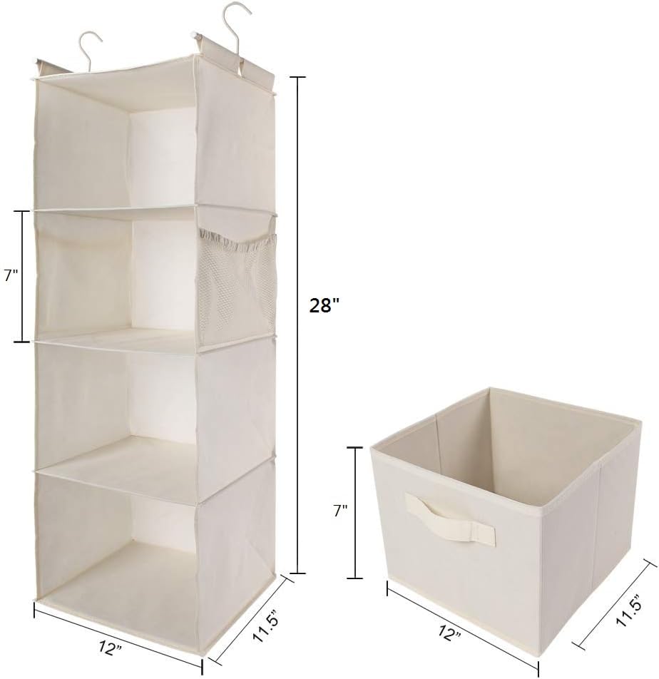 MAX Houser 4-Shelf Hanging Closet Organizer, Space Saver, Cloth Hanging Shelves with 2 Side Pockets, Foldable (Beige)