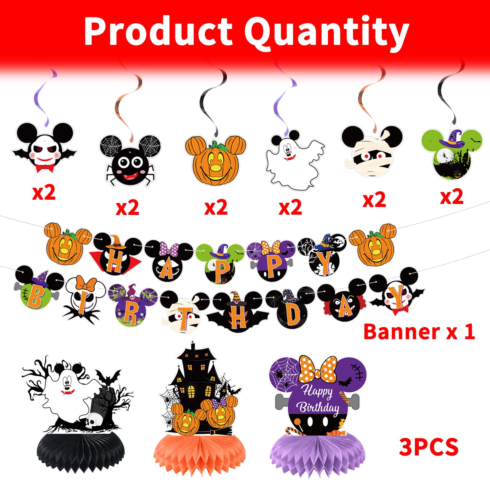 Mouse Halloween Happy Birthday Banners with Hanging Swirls,Ghost Mouse Birthday Decorations for Mouse Theme Halloween Party Birthday Party Decorations