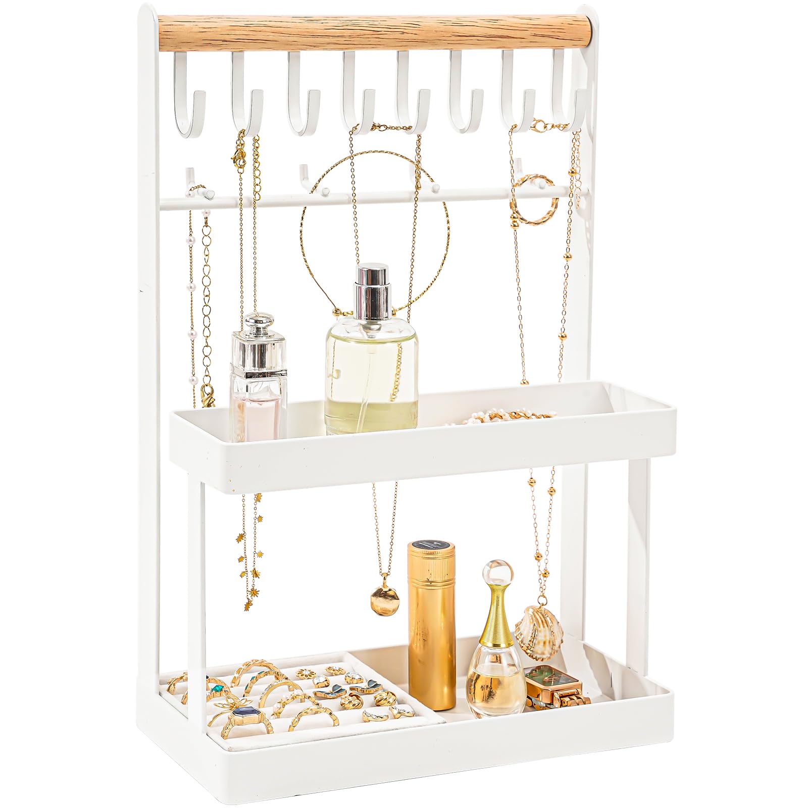 Lolalet Jewelry Organizer Stand Holder Mother's Day Gift, 4-Tier Cute Necklace Holder Stand Rack with 12 Hooks Place Rings Necklaces for Teen Girl Room Decor -White