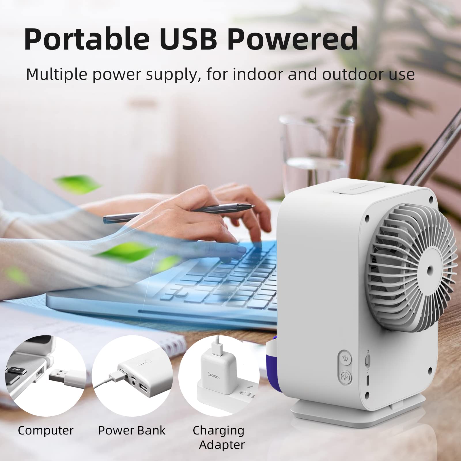 Portable Evaporative Air Cooling Cooler, Personal Air Conditioner Fan, Adjustable Wind Direction w/3 Speeds, Water Tank, White