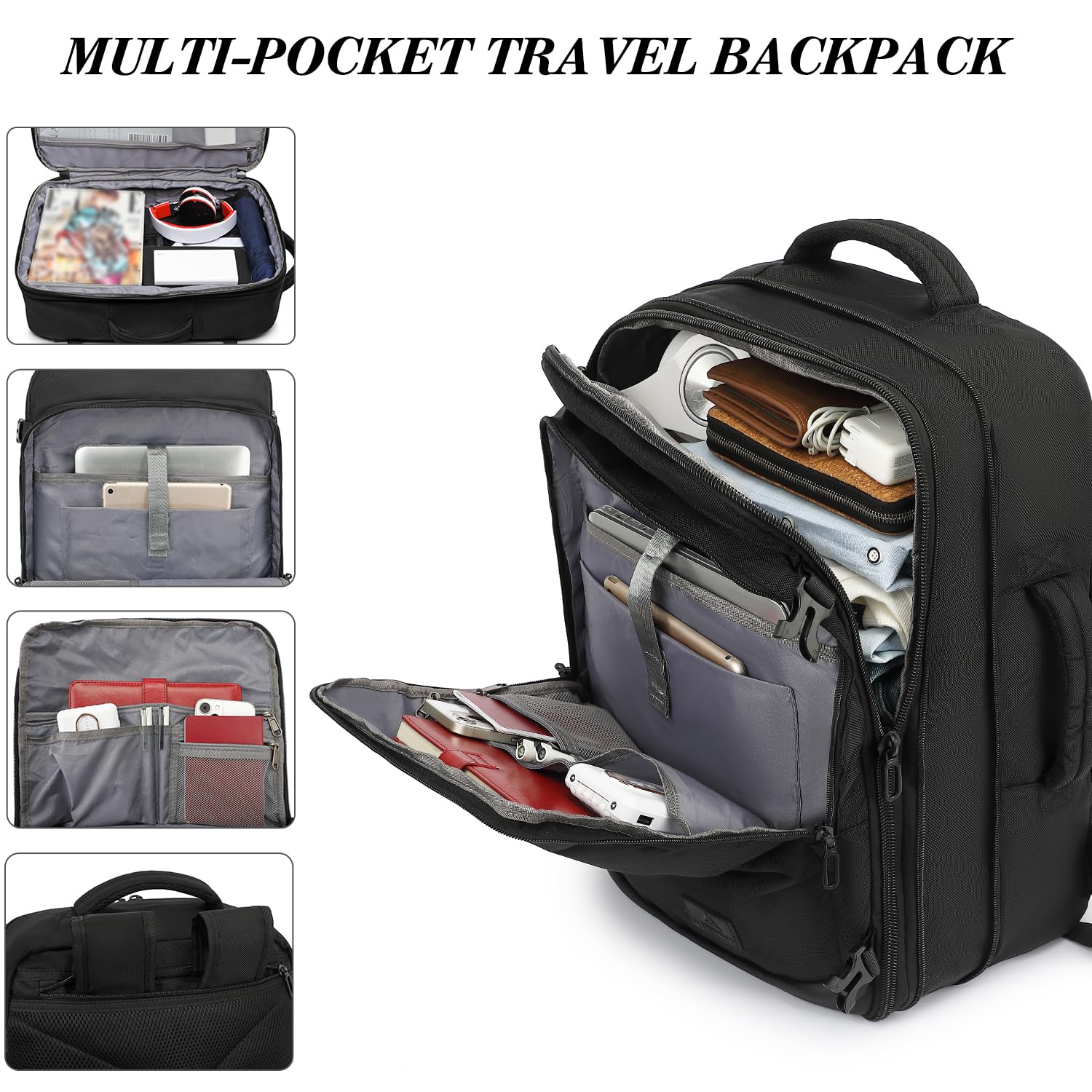 Laripwit Carry on Backpack, 42L Large Travel Laptop Backpack Expandable Airplane Approved Business Backpack for Men Lightweight Casual Daypack- Suitable for Business Trip, Black