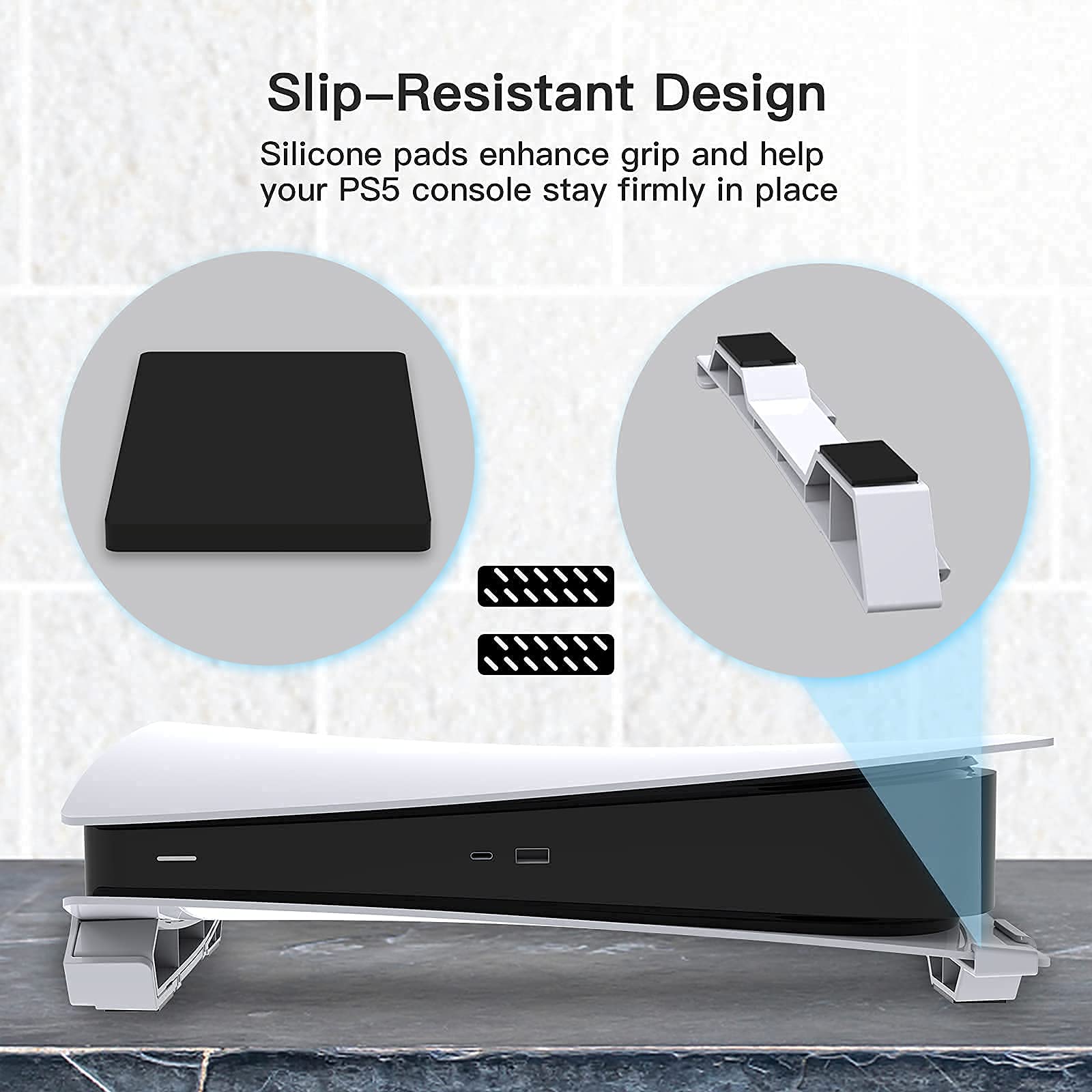 NexiGo PS5 Horizontal Stand with Controller Charger, [Minimalist Design], DualSense Charging Station with Thumb Grip Kit, Compatible with PlayStation 5 Disc & Digital Editions