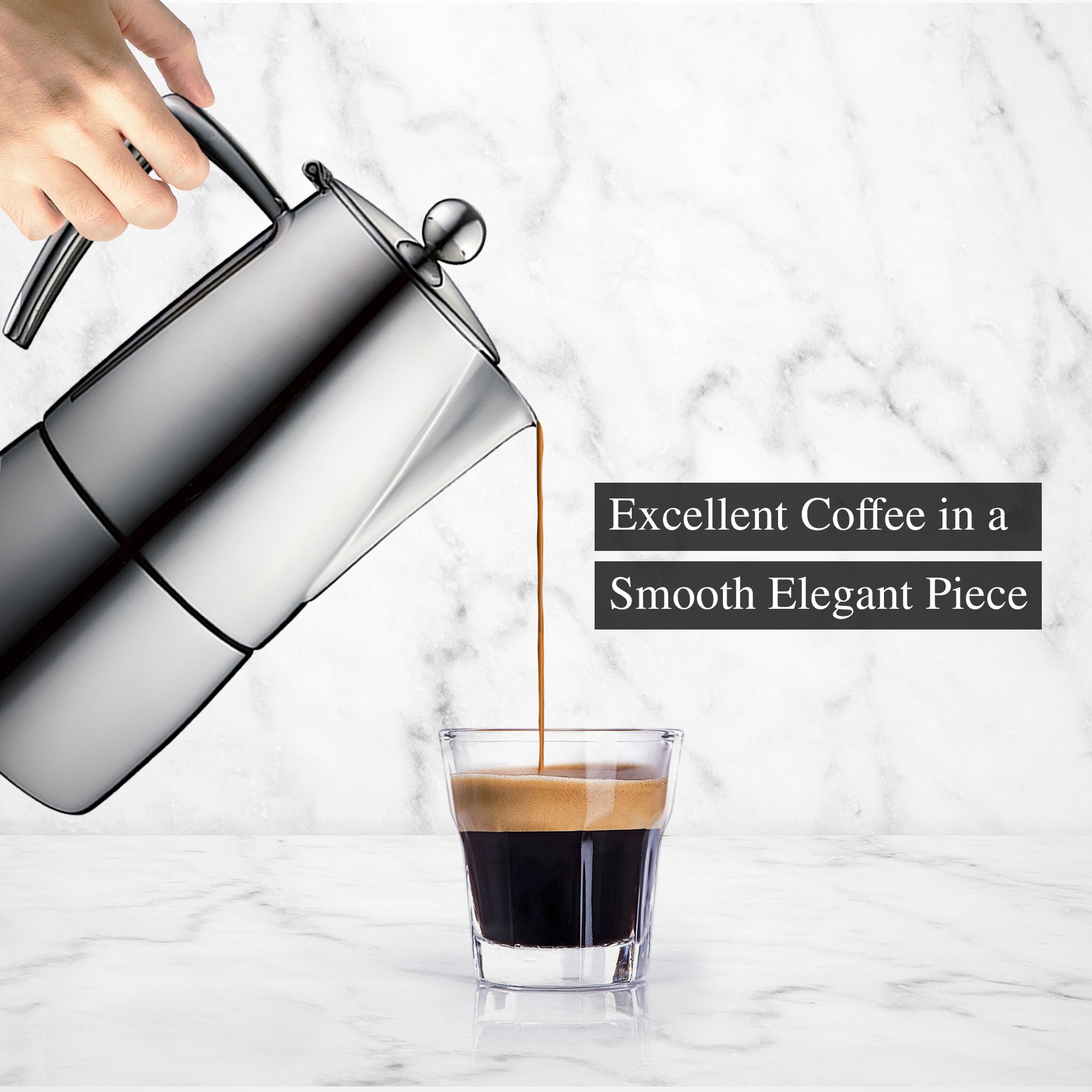 Minos Moka Pot Espresso Maker: Makes 6 Espresso Shots Suitable for Ceramic, Gas and Electric Stovetop - Stainless Steel With Flat Bottom and Heatproof Handle, Wear and Scratch-Resistant