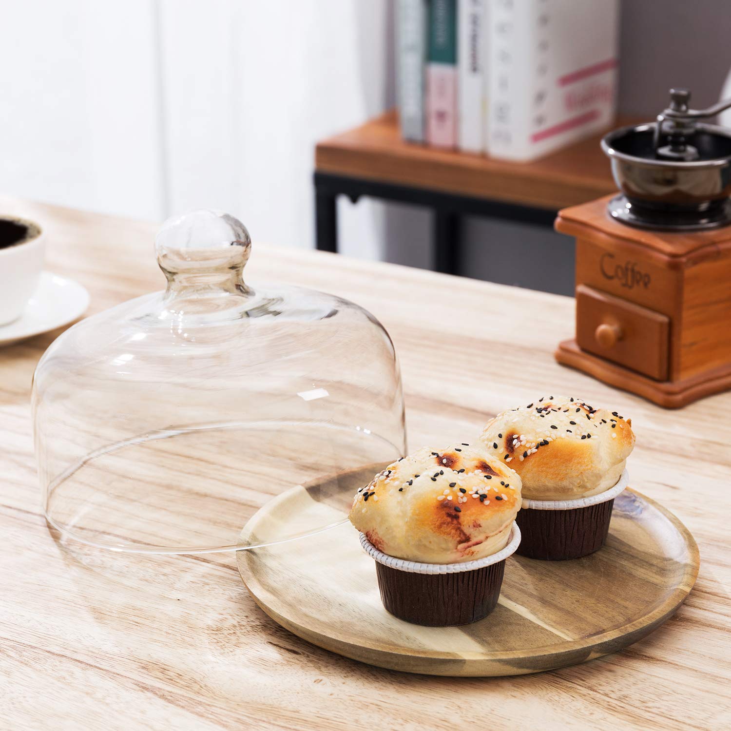MyGift 7.5 Inch Small Clear Glass Dessert/Cheese Cloche Dome with Acacia Wood Serving Tray