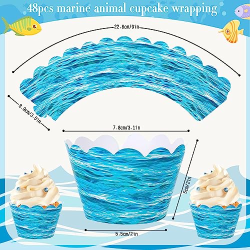 Whaline 48Pcs Ocean Wave Cupcake Wrappers Blue Sea Waves Cupcake Liners Summer Ocean Paper Baking Cup Cupcake Holders for Birthday Summer Ocean Theme Party Cake Decorations