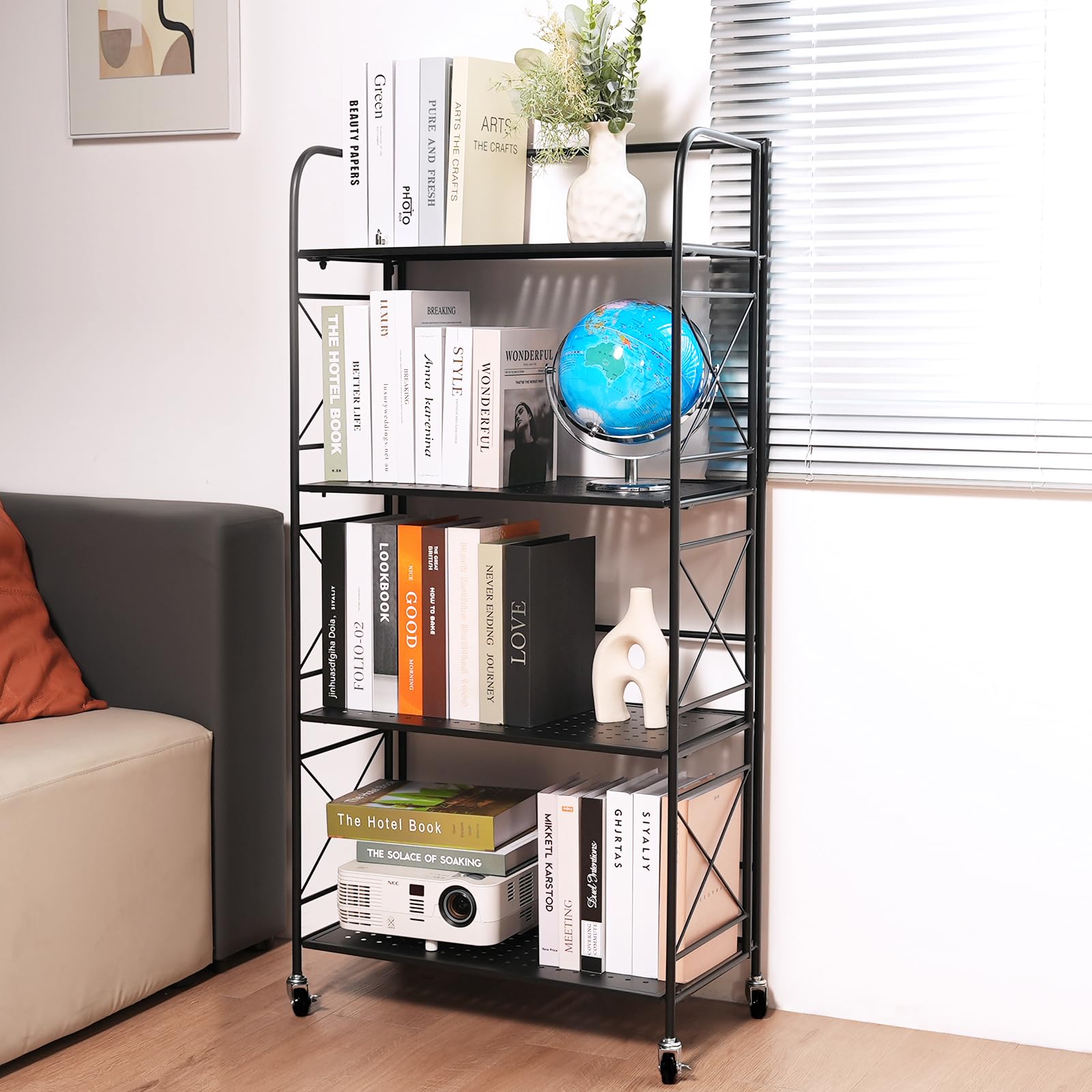 villertech Folding Shelf 5 Tier,Folding Bookshelf,Foldable Shelf,Metal Folding Storage Shelves with Wheels,Folding Shelf Unit for Living Room,Kitchen,Study, 12.6" D x 23.6" W x 57.0" H, Matte Black