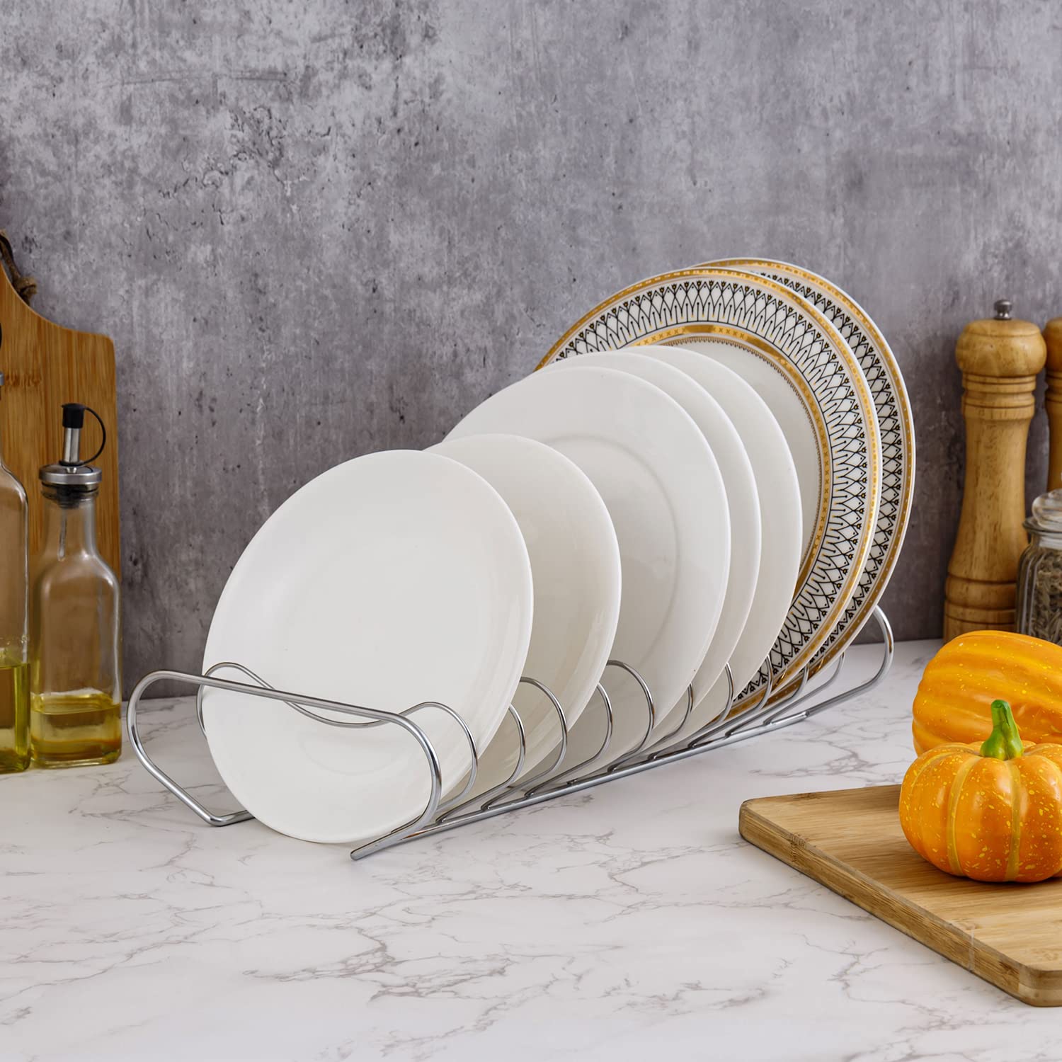 MyGift Chrome Plated Silver Metal Dinner Plate Storage Rack Organizer and Drying Rack, Holds up to 21 Dinner, Salad, and Dessert Round Plates - Made in Taiwan