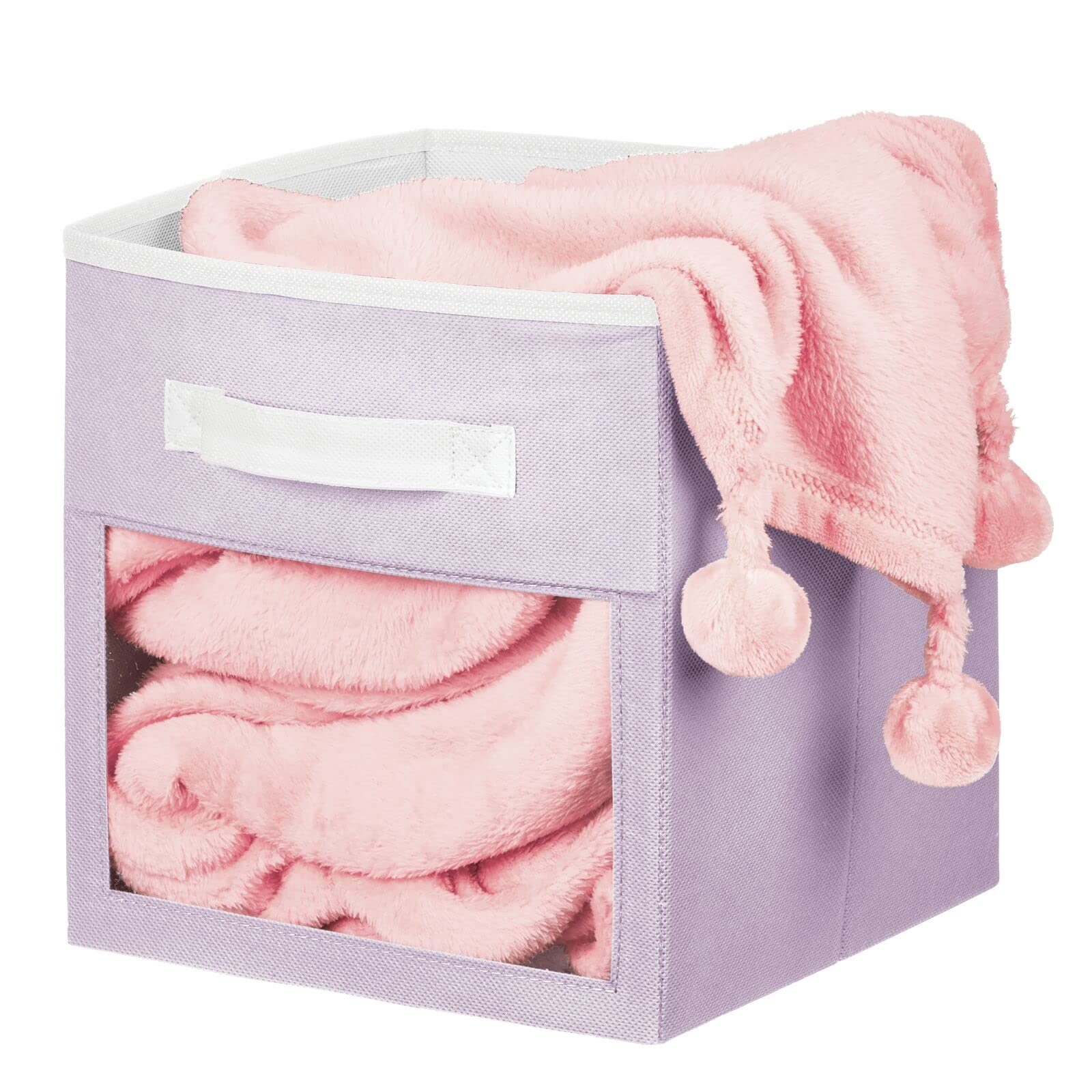 mDesign Fabric Nursery/Playroom Closet Storage Organizer Bin Box with Front Handle/Window - Cube Furniture Shelving Unit, Hold Toys, Clothes, Diapers, Bibs, Jane Collection, 4 Pack, Light Purple/White