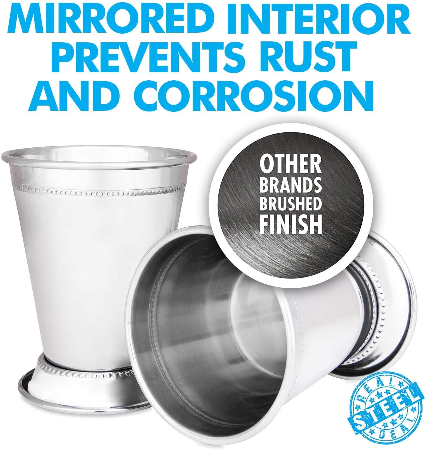 Mint Julep Cups: Stainless Steel Glasses, Set of 4, Metal 12 oz Cocktail Glasses, Party Supplies (4)
