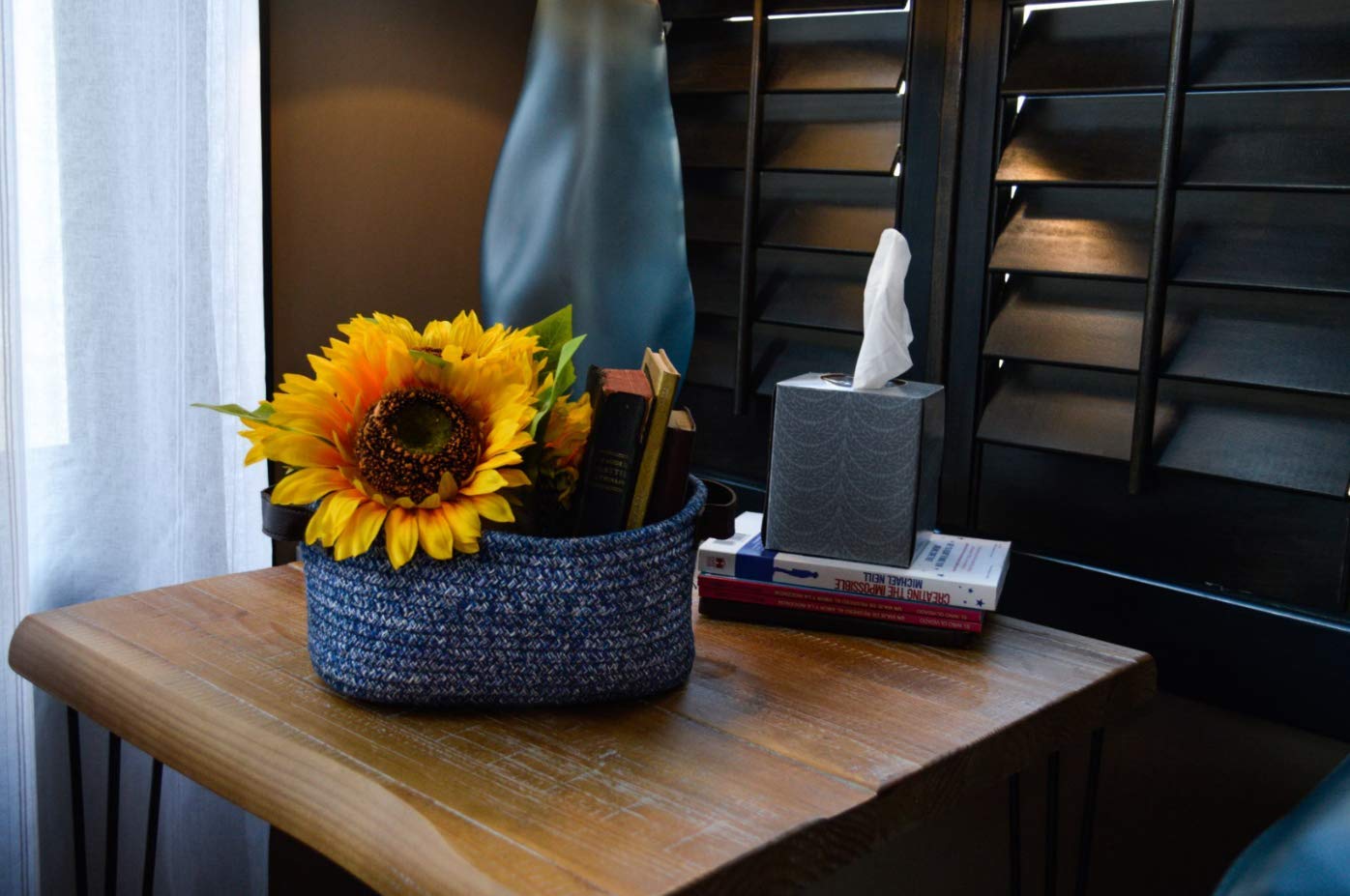 Little Bee Baskets | Small Woven Cotton Basket | Cute Rope Storage Basket for Organization | Small Storage Bin with Leather Handles | Gift Basket | (Blue)