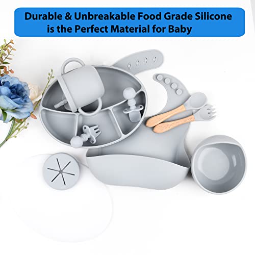 Maxsprout Baby Silicone Feeding Set for 6 Months and Up-Bowl with Suction, Divided Plate With Lid, Cup W/Straw & Snack Lid & More - BPA free-Toddler Self Feeding Utensils - Baby Led Weaning(Set of 12)