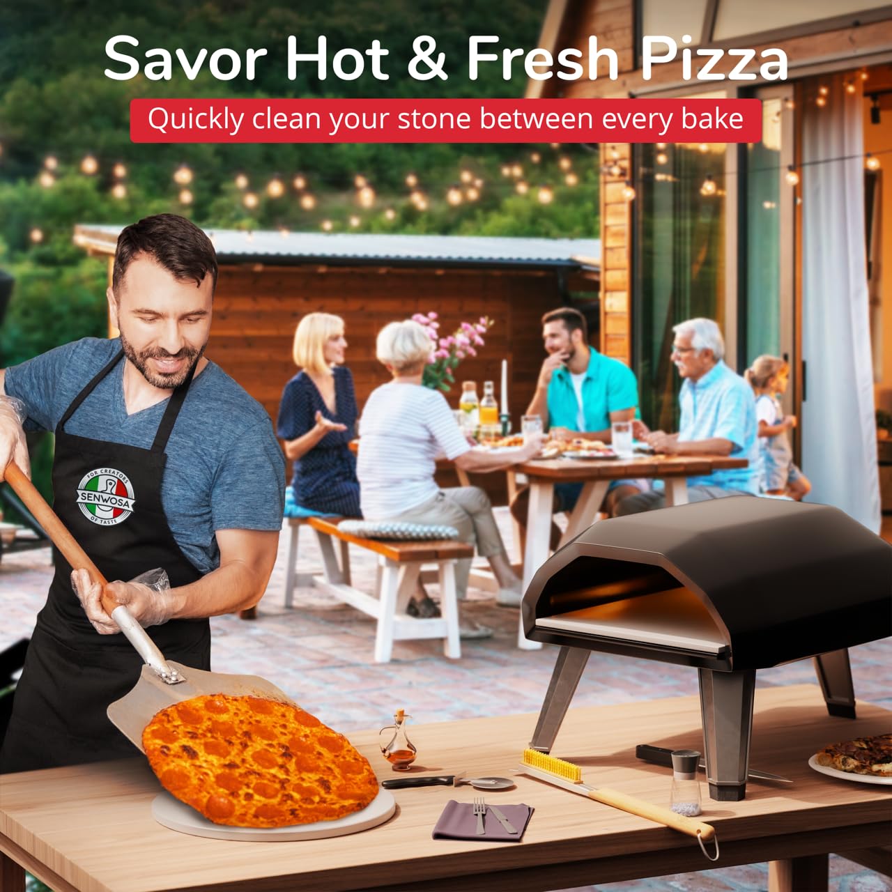 Senwosa 26β Pizza Oven Brush with Stone Scraper - Heat Resistant Stainless Steel Bristles, Extra Long Handle - Compatible with Ooni Ovens - Includes Spare Head