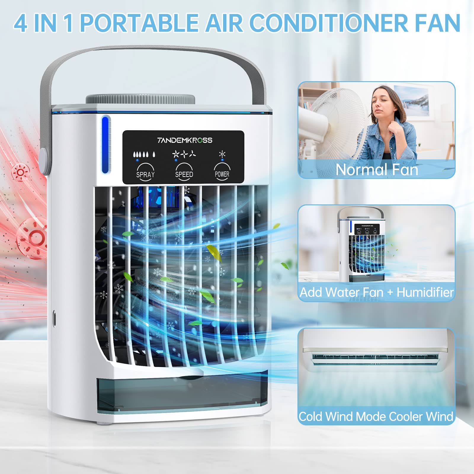 Portable Air Conditioner, Personal Air Cooler, Evaporative Air Cooler, Mini Cooling Fan Desktop Mist Humidifier with 3 Speed for Room Office Outdoor (White Grey)