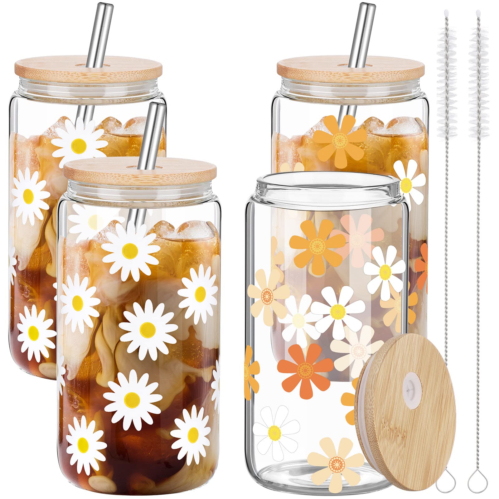 Nuenen 4 Pcs 16oz Daisy Flower Glass Cup with Lids and Straws Iced Coffee Glass Cup Cute Aesthetic Cups Glass Coffee Tumbler for Women Friend Her Birthday Gifts (Daisy)