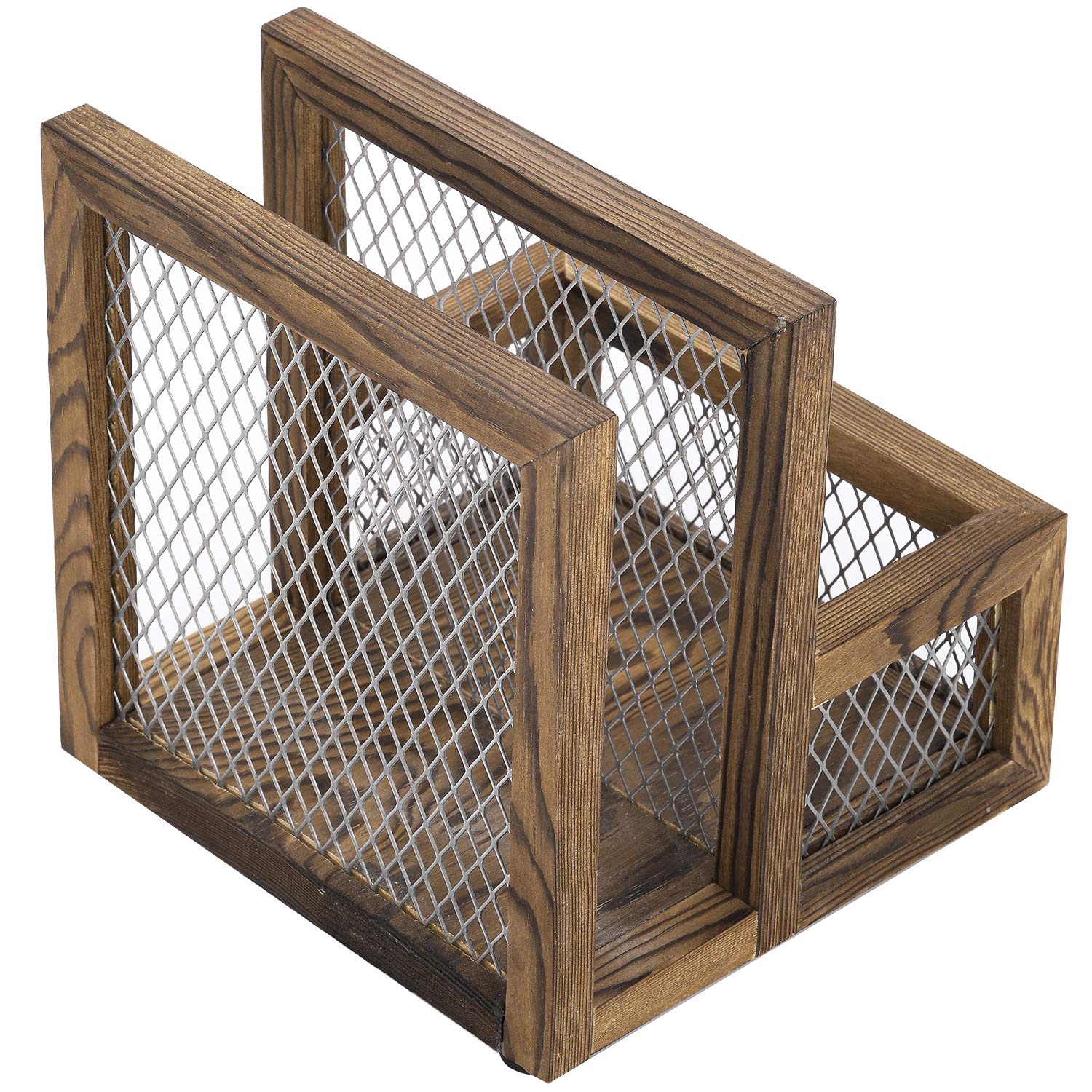 MyGift Rustic Burnt Solid Wood Farmhouse Napkin and Salt and Pepper Shaker Holder with Chicken Wire Side Panel Design, Kitchen Napkin Holder and Condiment Rack