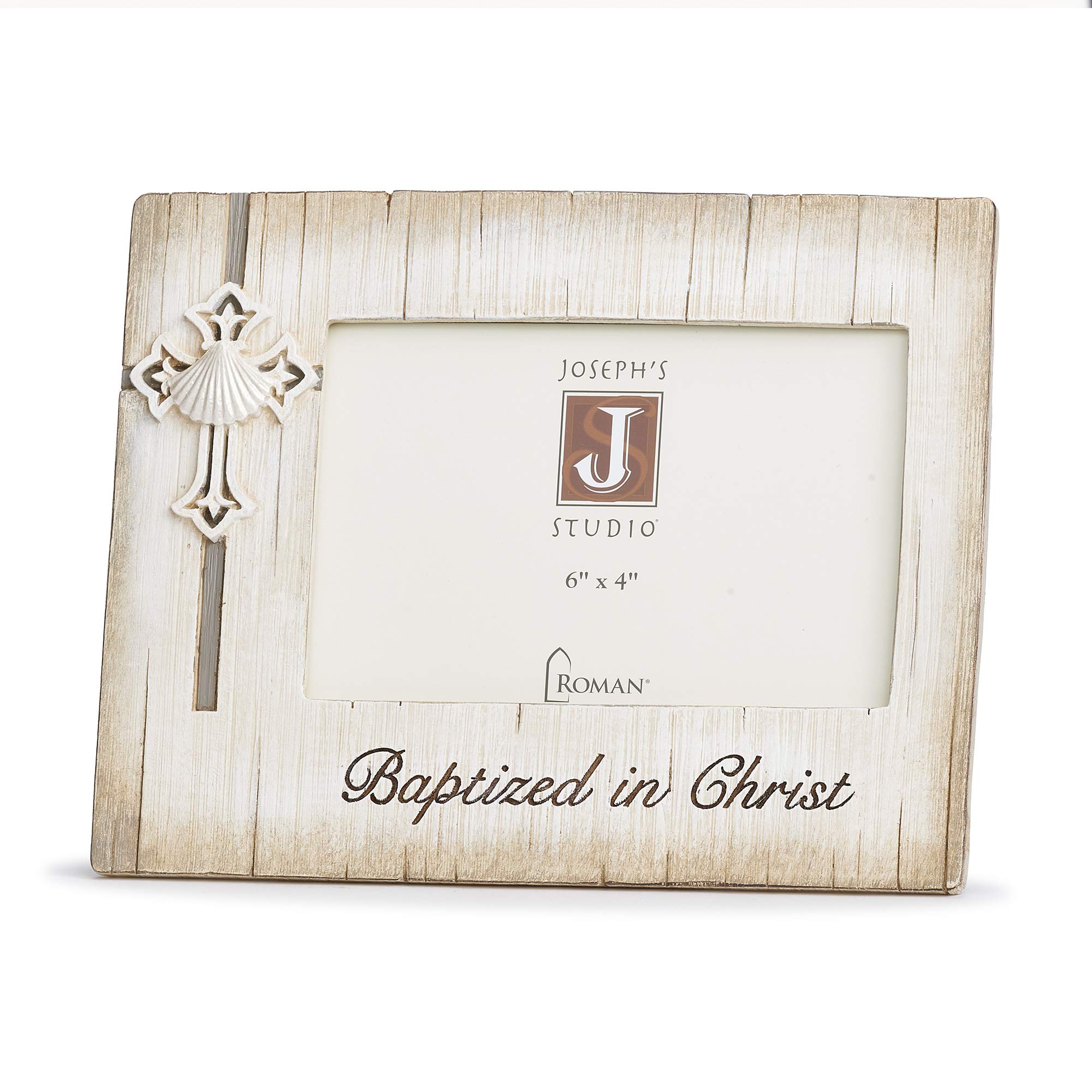 Joseph's Studio by Roman - Baptism Distressed Picture Frame for 4" x 6" Photo, Horizontal Tabletop or Desk Display - 6.75" H, Resin and Stone, Decorative, Collection, Durable, Long Lasting