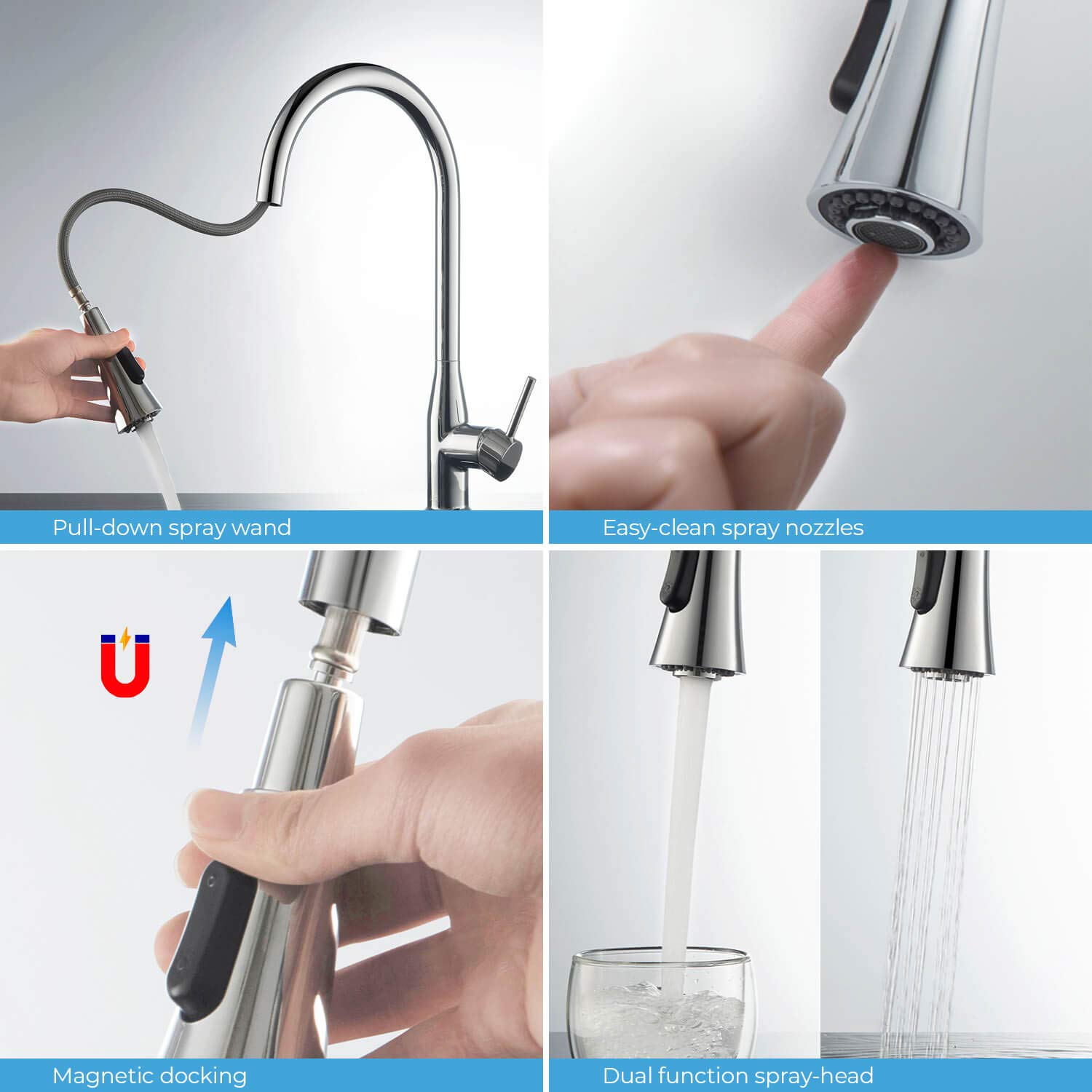 KIBI Napa Single Handle Pull Down Faucet for Kitchen Sink | Solid Brass High Arc Faucet Spout | 360 Degree Swivel Faucet with Pull Down Sprayer (Brushed Nickel) (KKF2005) (Soap Dispenser included)